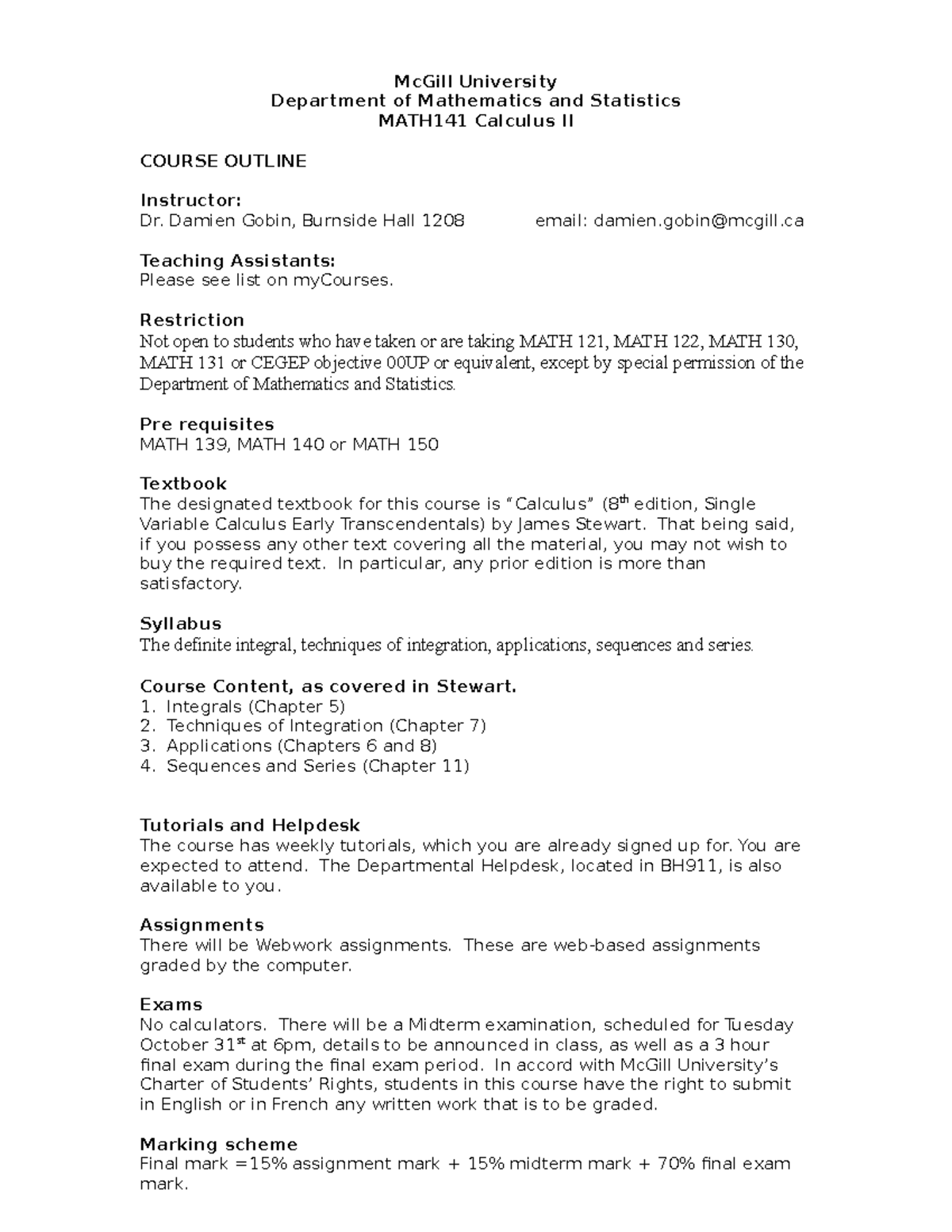 Course outline Math 141 - McGill University Department of Mathematics ...