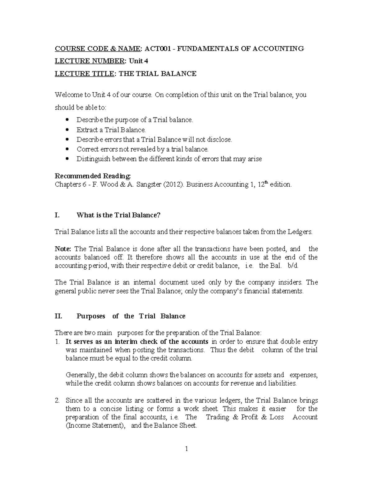 Unit 4 The Trial Balance - COURSE CODE & NAME: ACT001 - FUNDAMENTALS OF ...