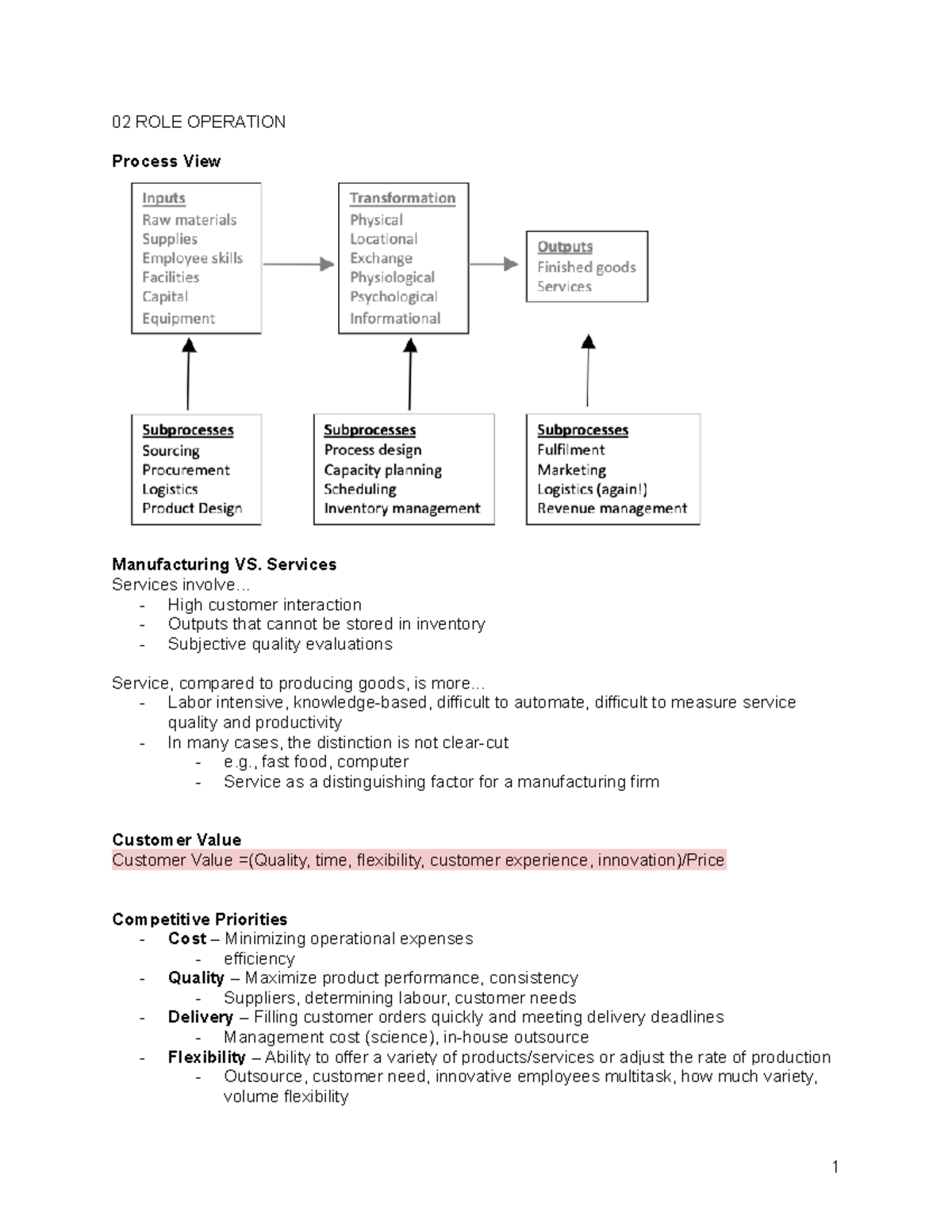 Scm notes - 02 ROLE OPERATION Process View Manufacturing VS. Services ...