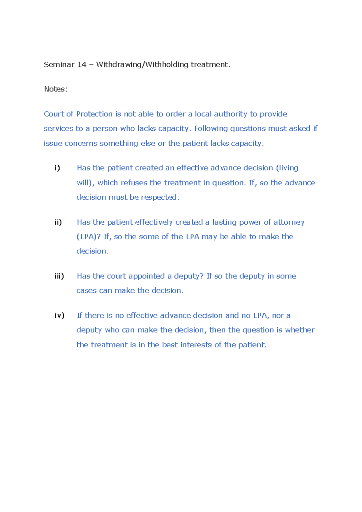 S. 14 End of Life III - Medical notes - Seminar 14 – Withdrawing ...