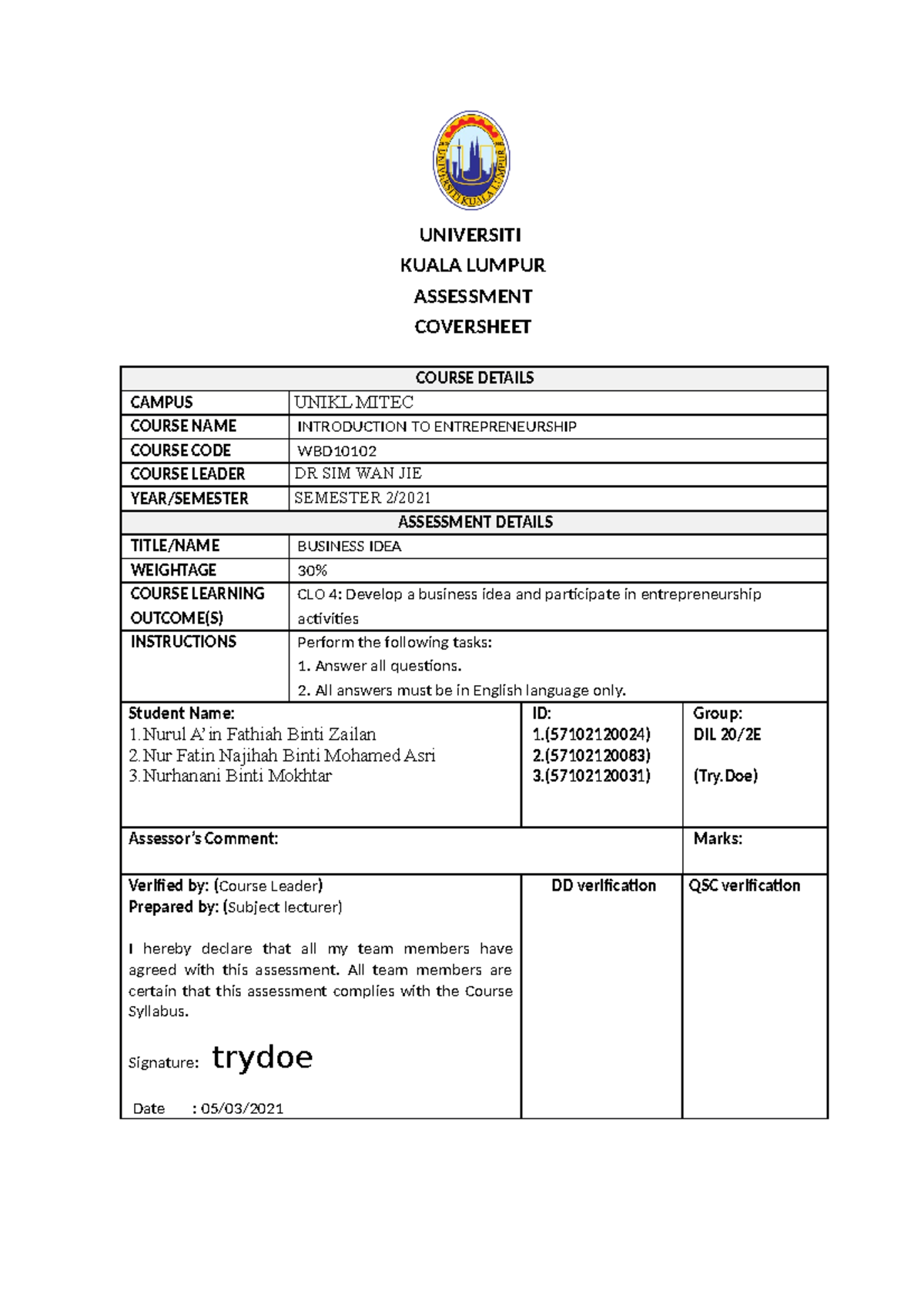 BMC latest - Assignment - UNIVERSITI KUALA LUMPUR ASSESSMENT COVERSHEET ...