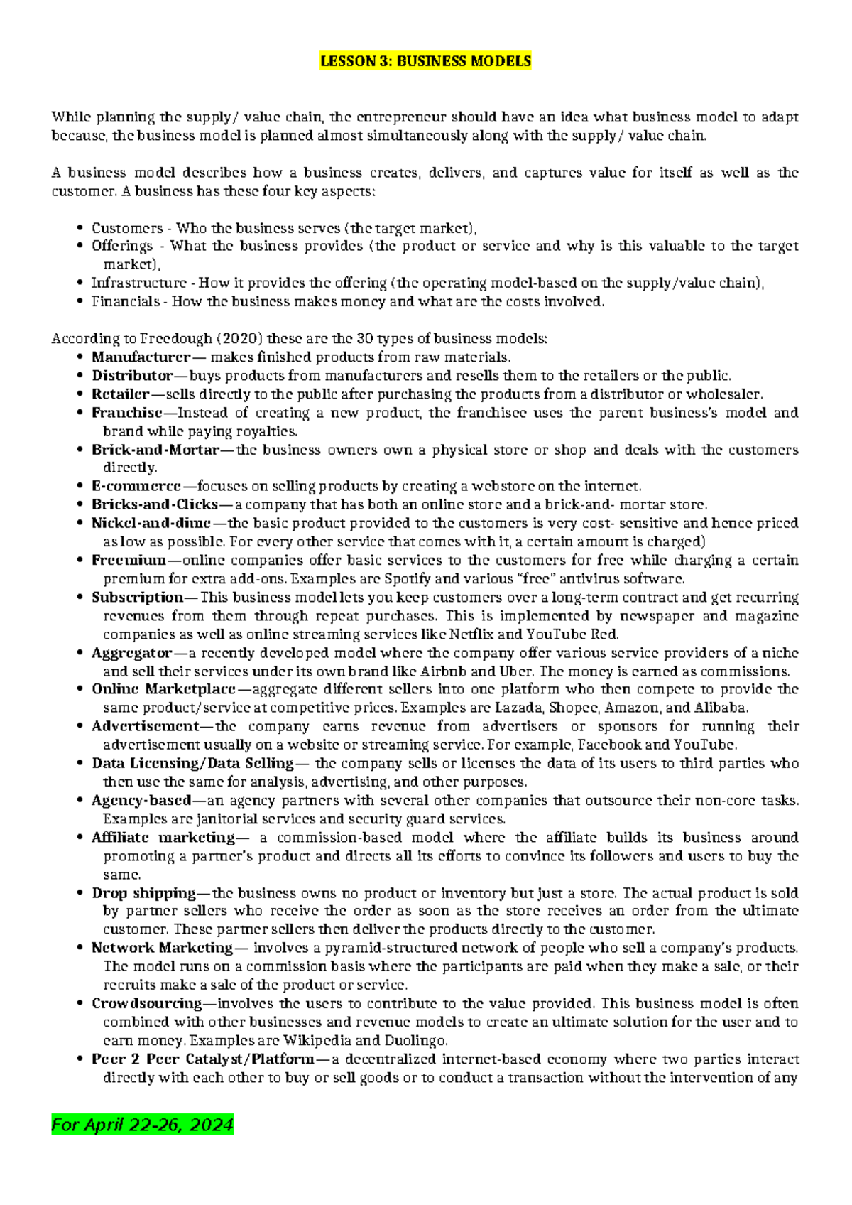 Entrep-lessons-34 - Entrep - LESSON 3: BUSINESS MODELS While planning ...