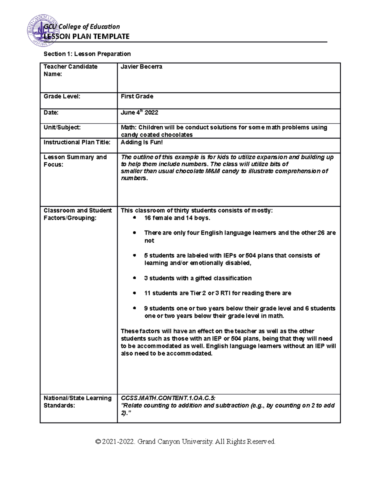 Coe lesson plan template Done Math LESSON PLAN TEMPLATE Section 1