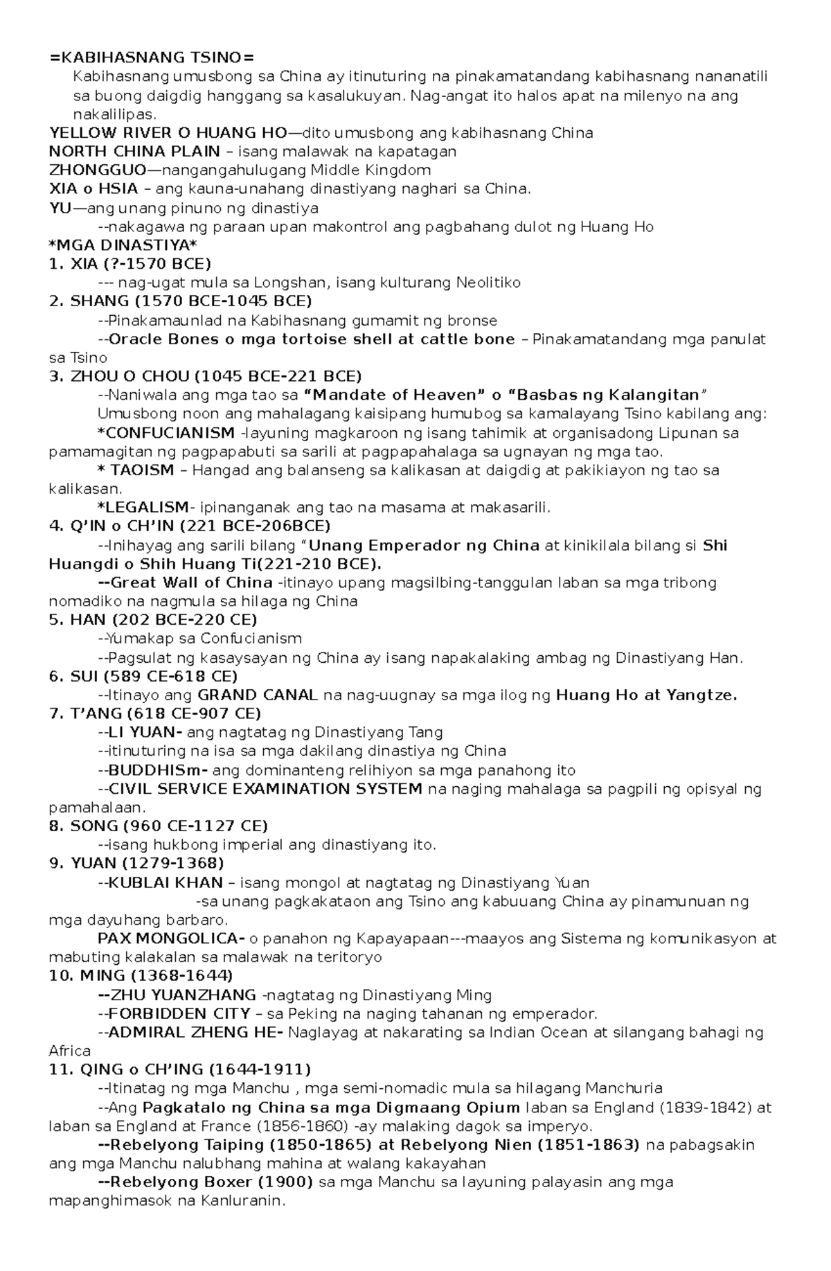 AP Summary - =KABIHASNANG TSINO= Kabihasnang umusbong sa China ay ...