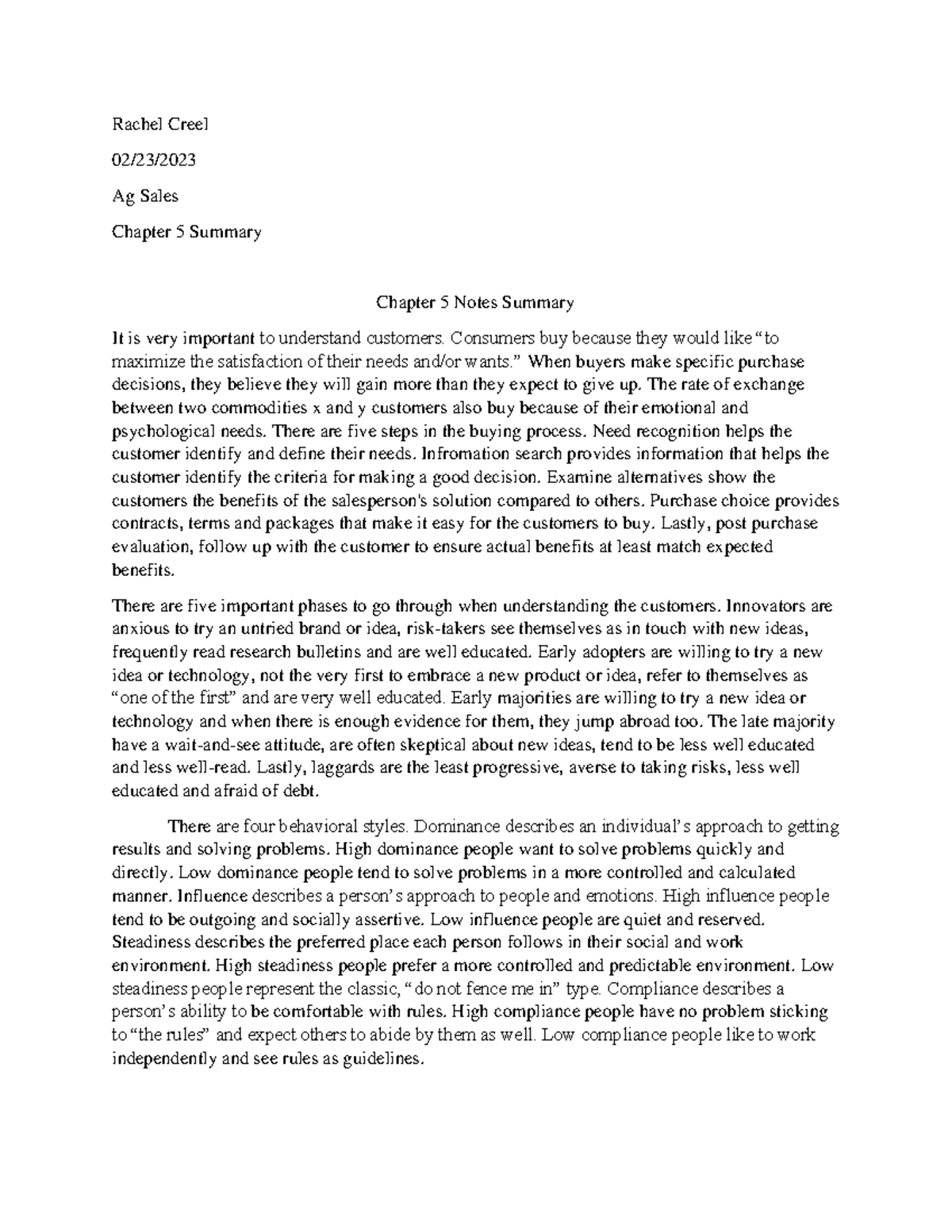 Ag sales ch 5 summary - Rachel Creel 02/23/ Ag Sales Chapter 5 Summary ...