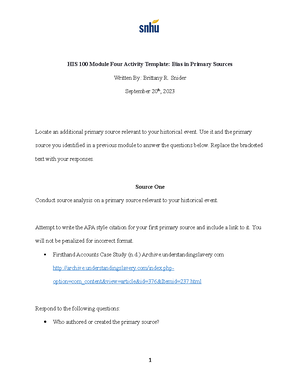 HIS 100 Module One Activity Template - Snider August 30, 2023 You must ...