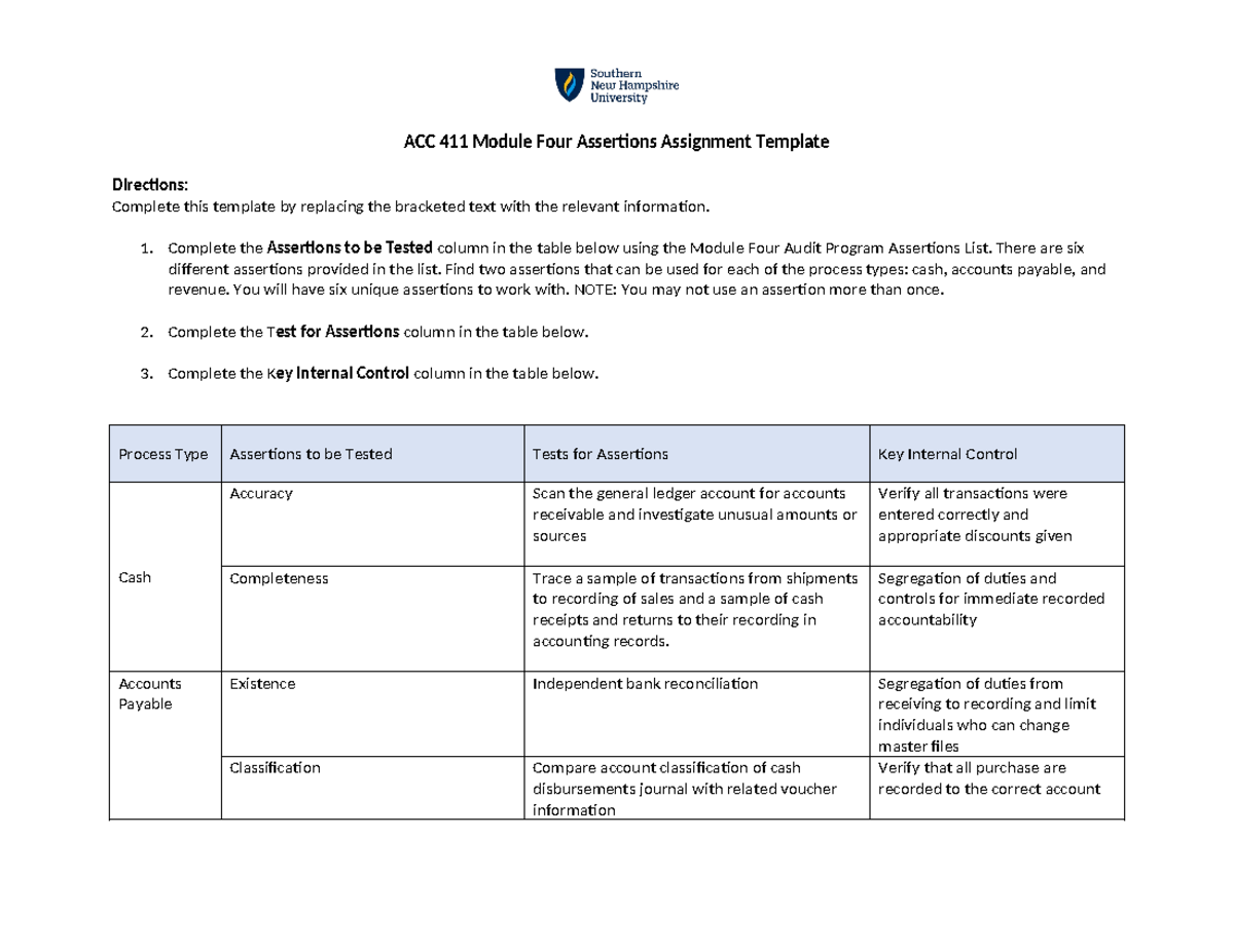 ACC 411 Module Four Assertions Assignment Template - 1. Complete the ...