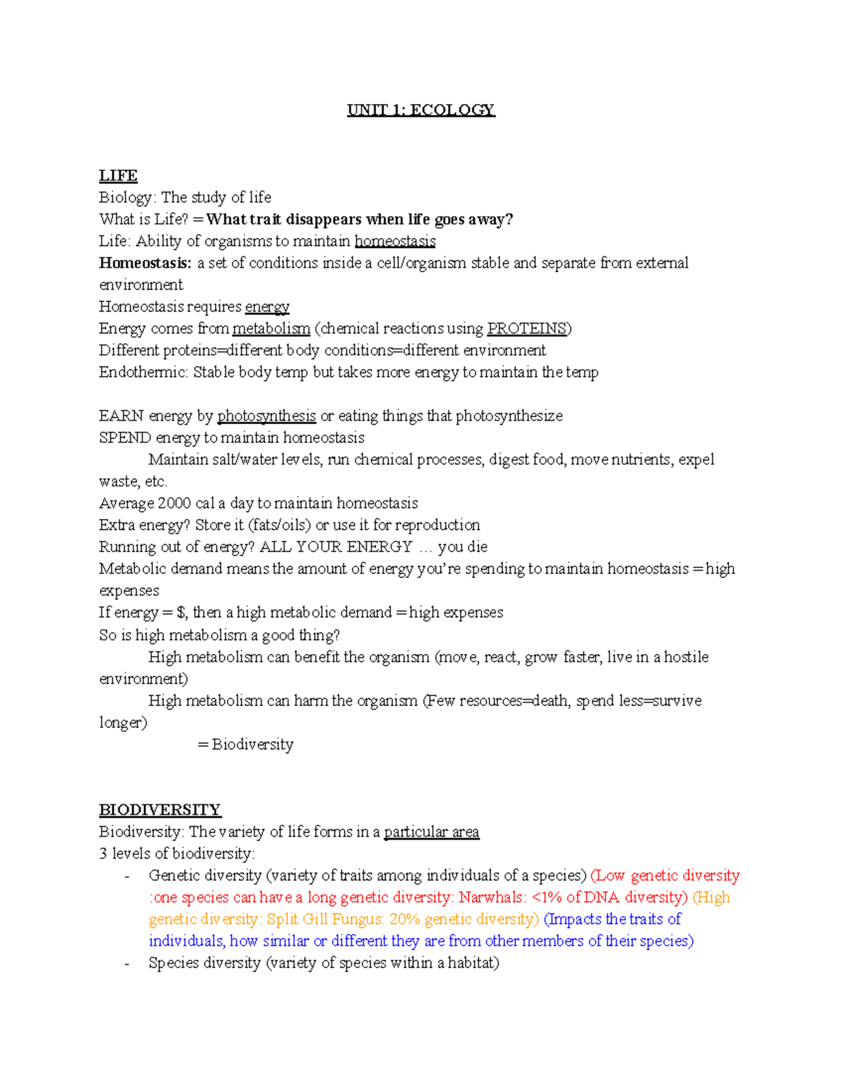 BIO 181 Notes - UNIT 1: ECOLOGY LIFE Biology: The study of life What is ...