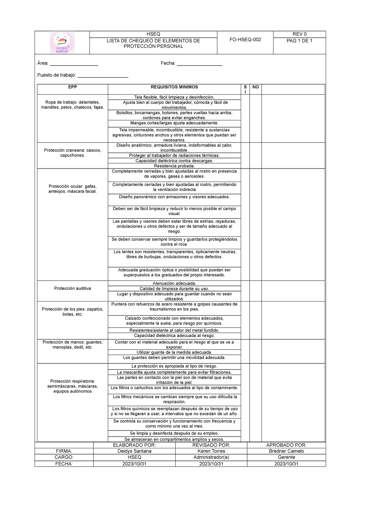 Lista DE Chequeo DE Elementos DE Protección Personal - HSEQ FO-HSEQ ...