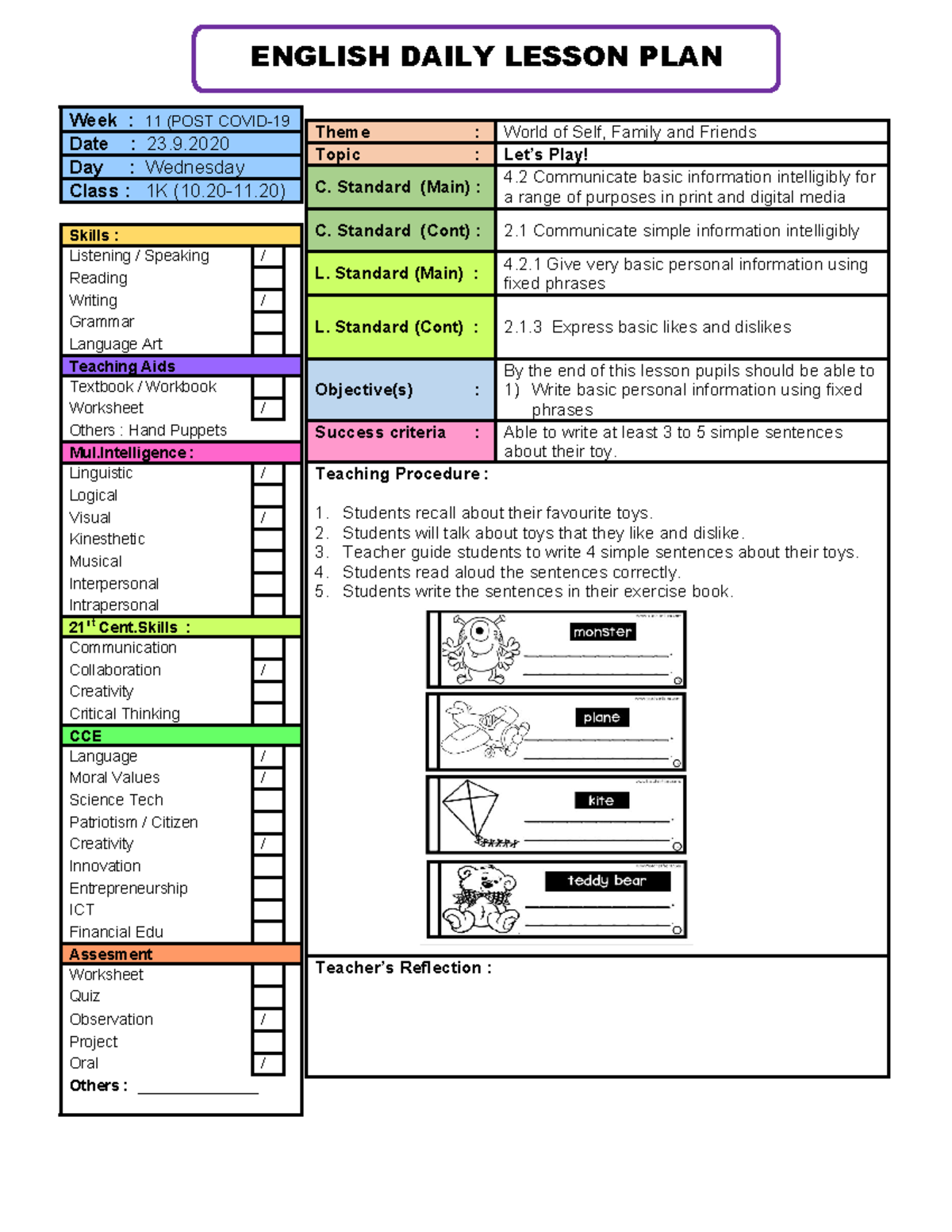 English Daily Lesson PLAN 23.9.2020 1K - ENGLISH DAILY LESSON PLAN ...