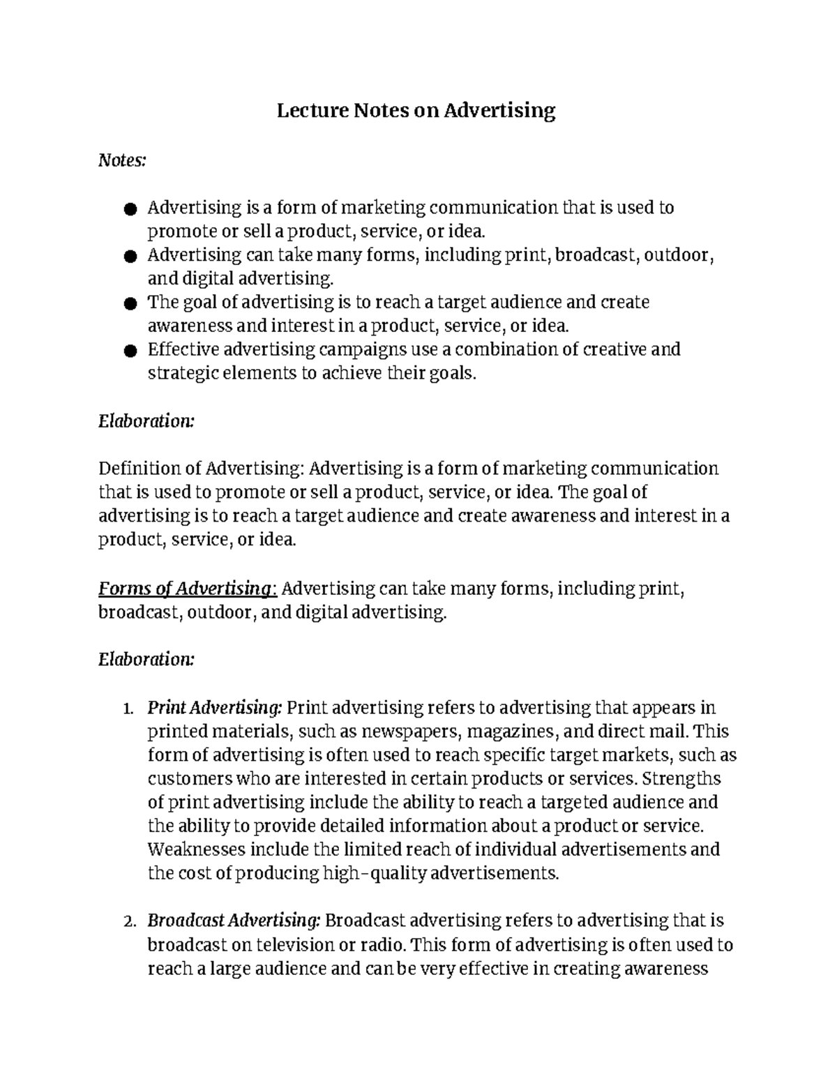 Lecture Notes on Advertising - Lecture Notes on Advertising Notes ...
