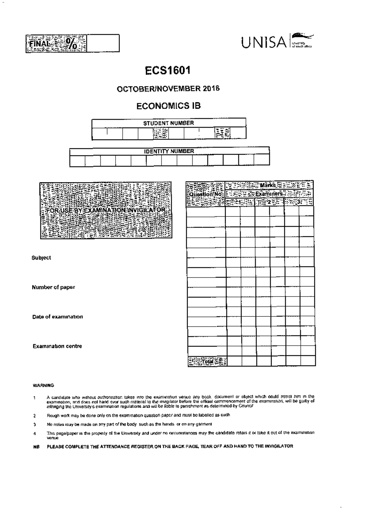 Exam 1 October 2016, questions - ECS1601 - Studocu