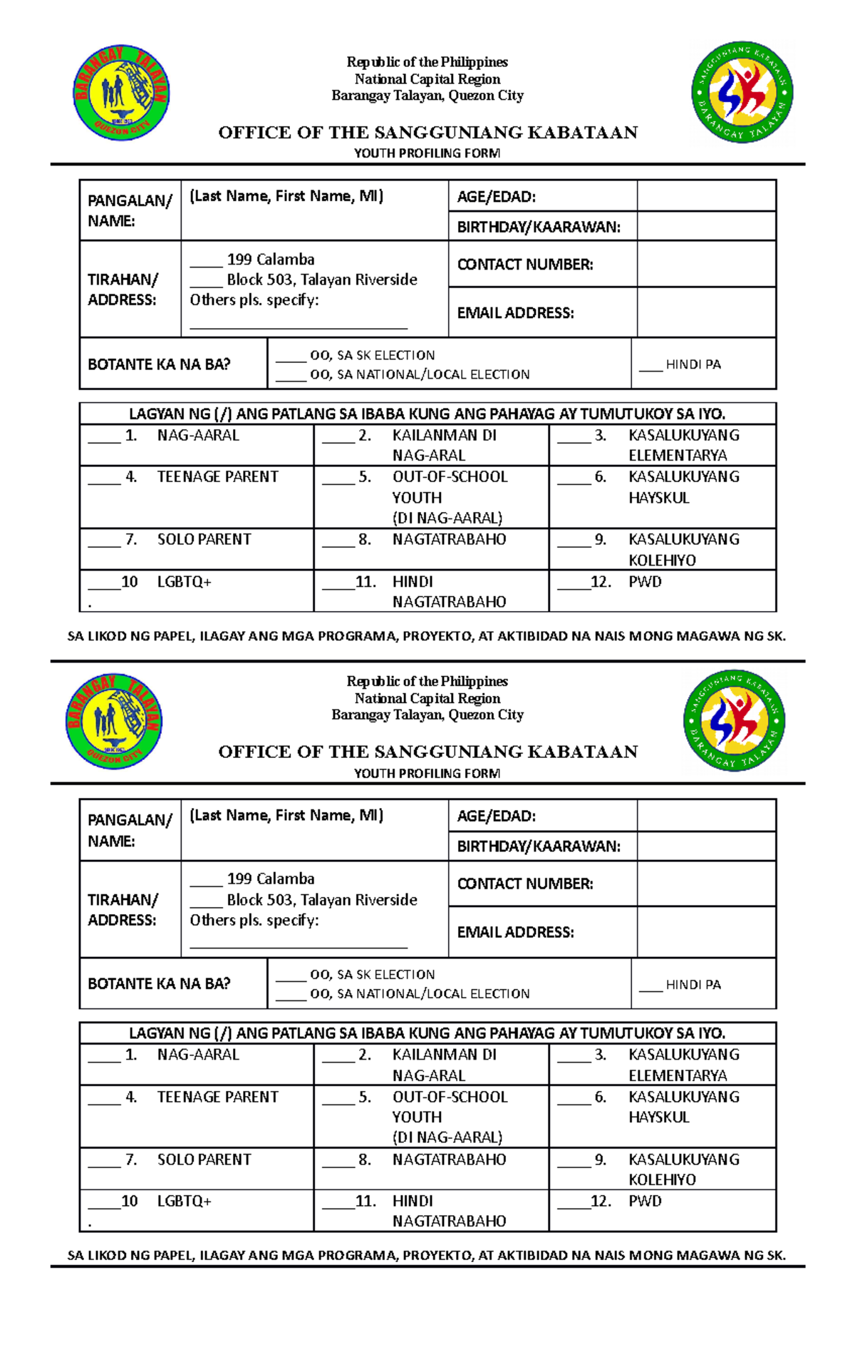 Youth Profiling Updating Sheet forms - Republic of the Philippines ...