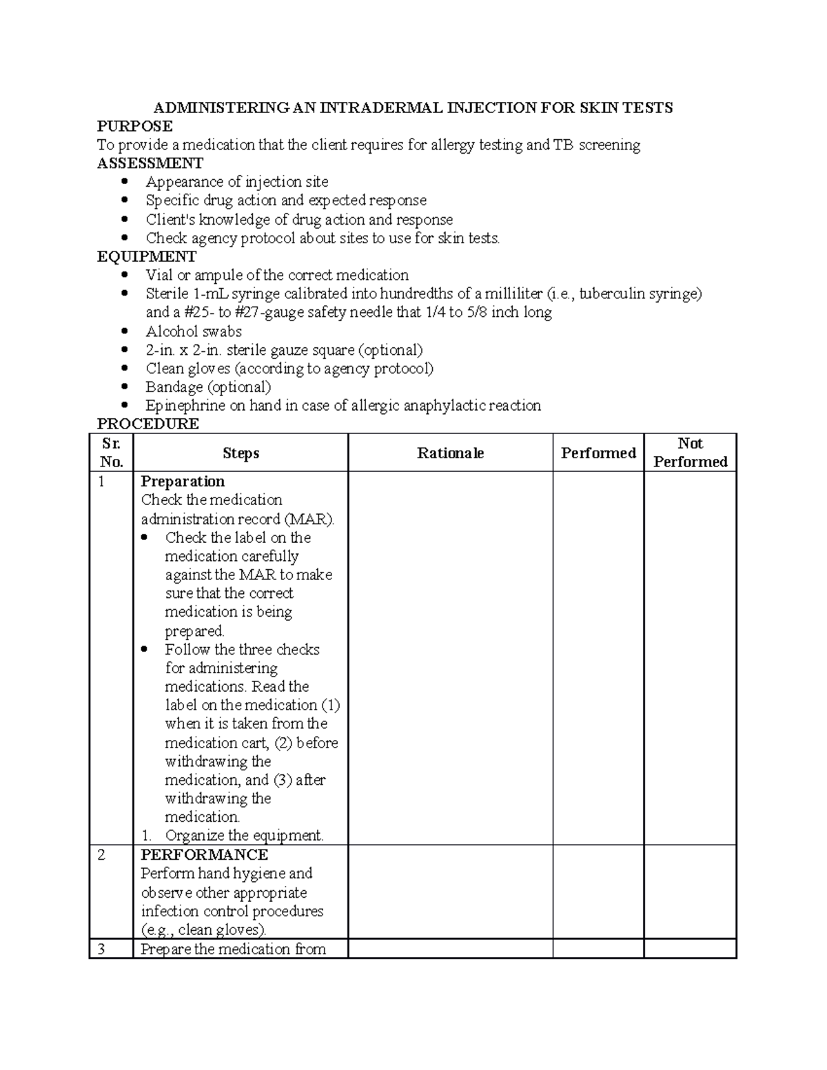 Administering AN Intradermal Injection FOR SKIN Tests - ADMINISTERING ...