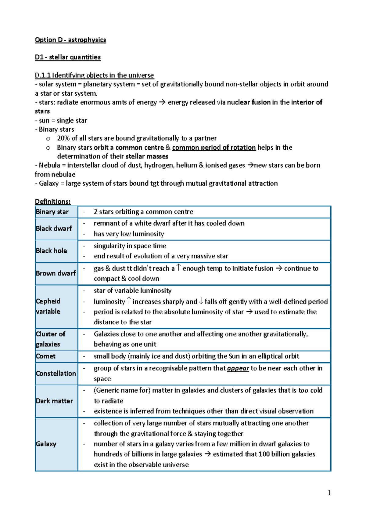 Physics notes - option D - astrophysics - 1 Option D - astrophysics D1 ...