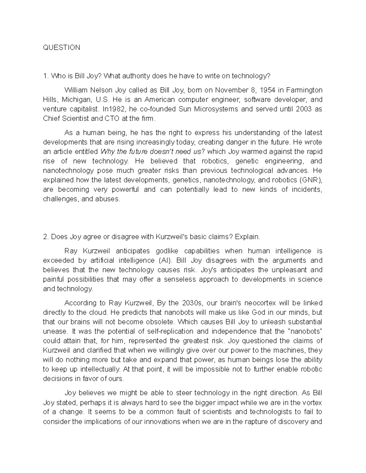 Activity 7 - essay - QUESTION Who is Bill Joy? What authority does he ...