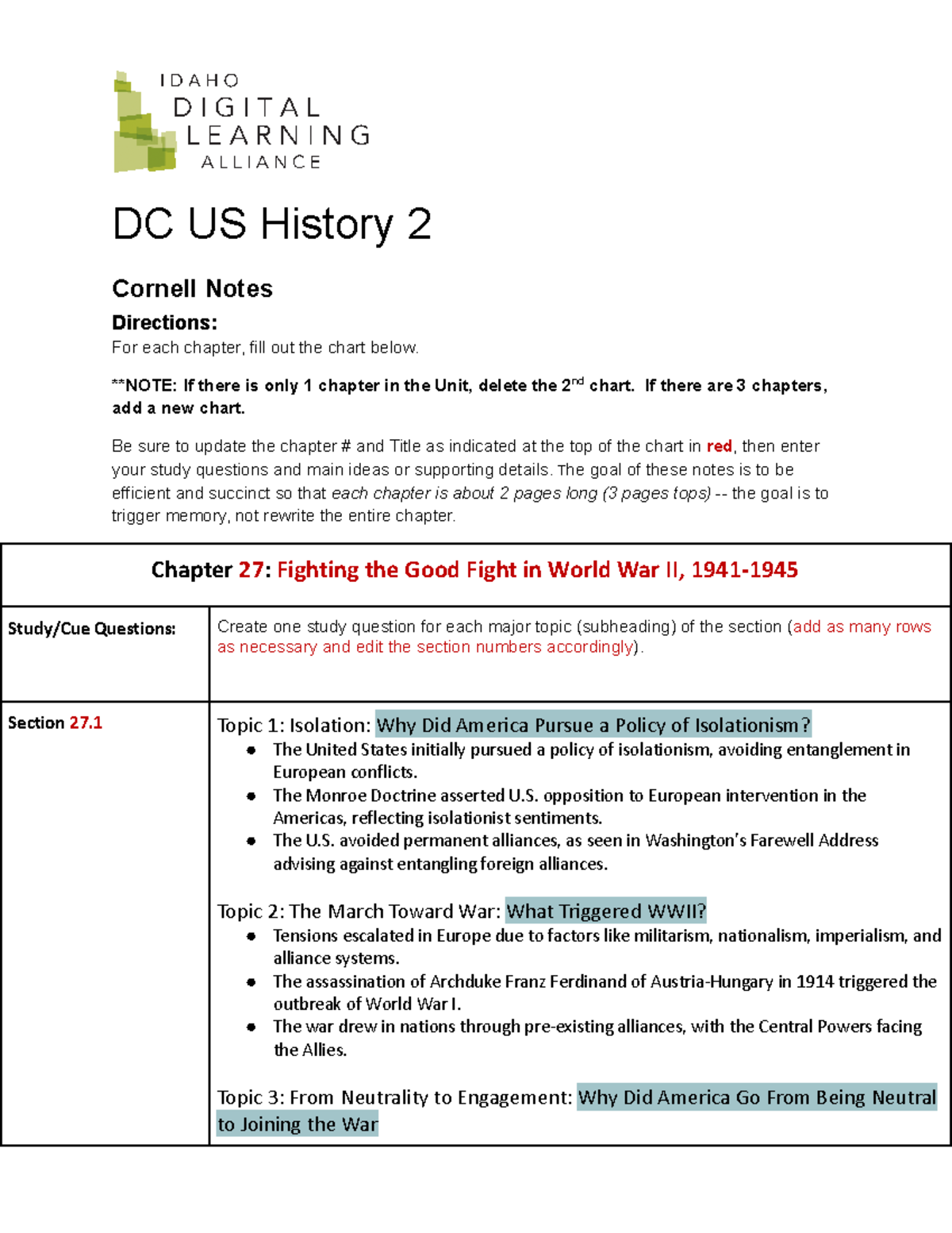 Cornell Notes For Chapters - DC US History 2 Cornell Notes Directions ...