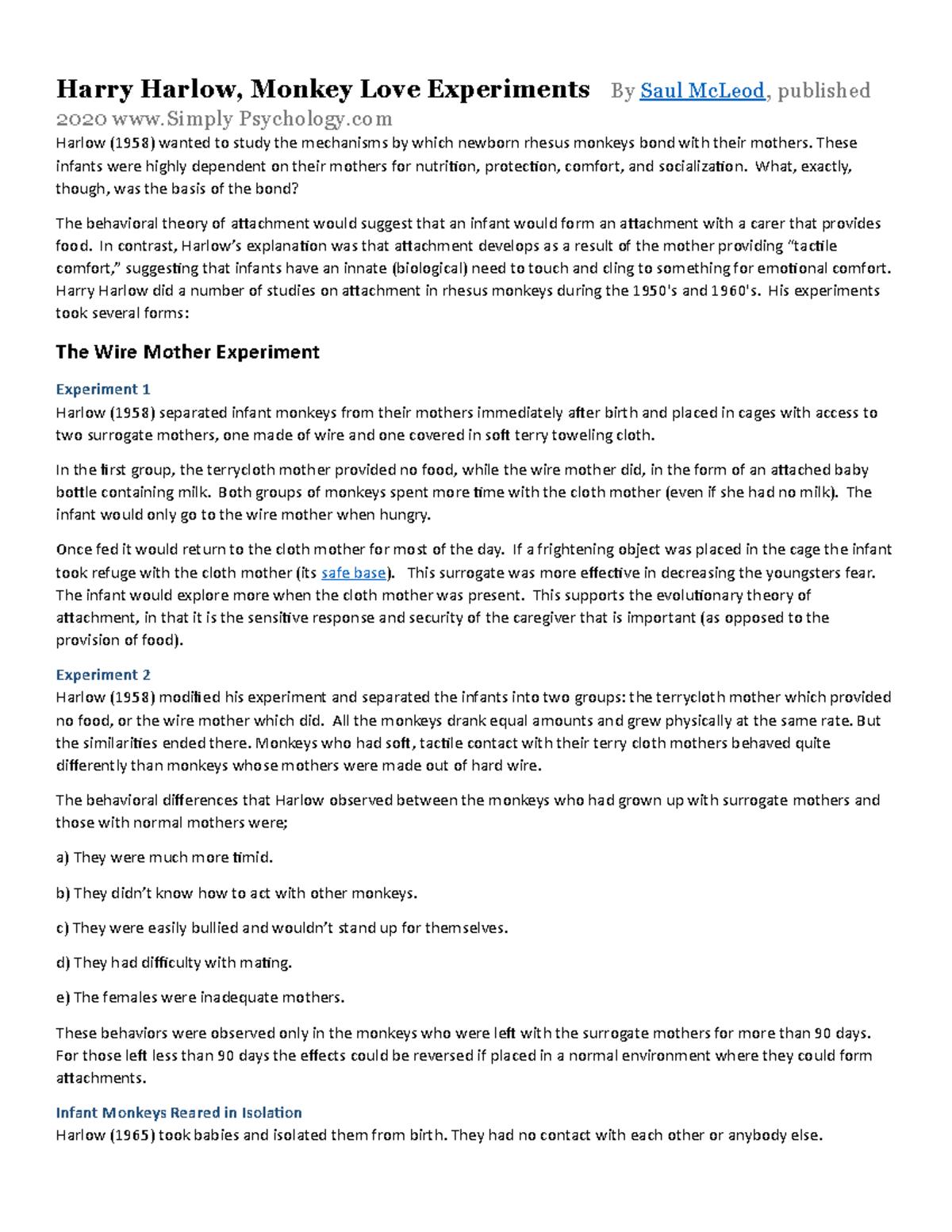 Harlow study - simply psychology - Harry Harlow, Monkey Love ...