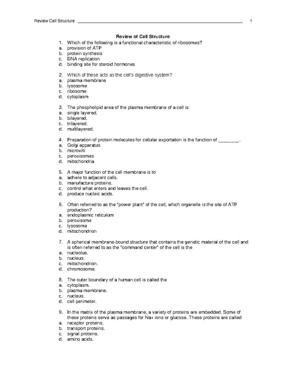 Cell Structure Review - Review of Cell Structure Which of the following ...