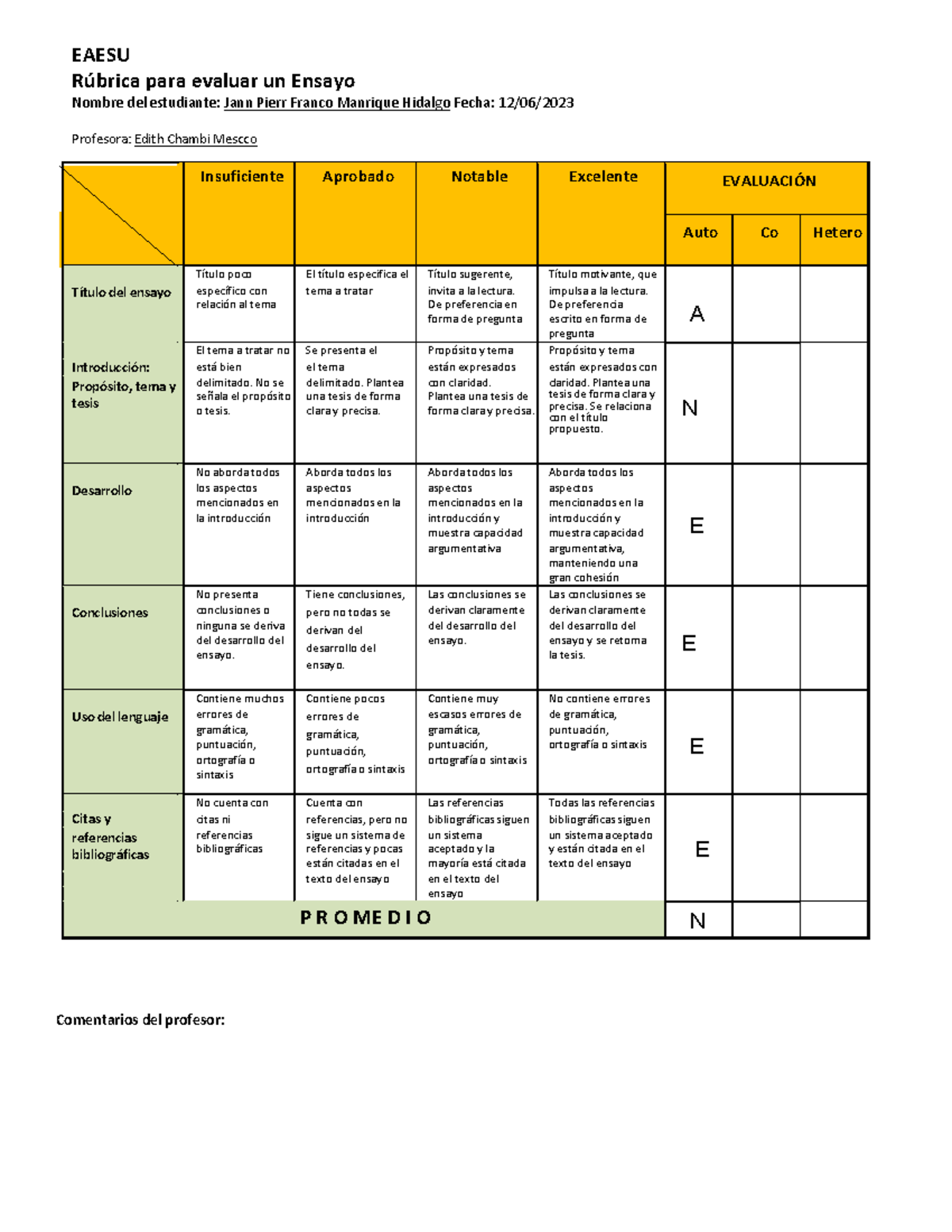 Rúbrica para evaluar un ensayo AE - EAESU Rúbrica para evaluar un ...