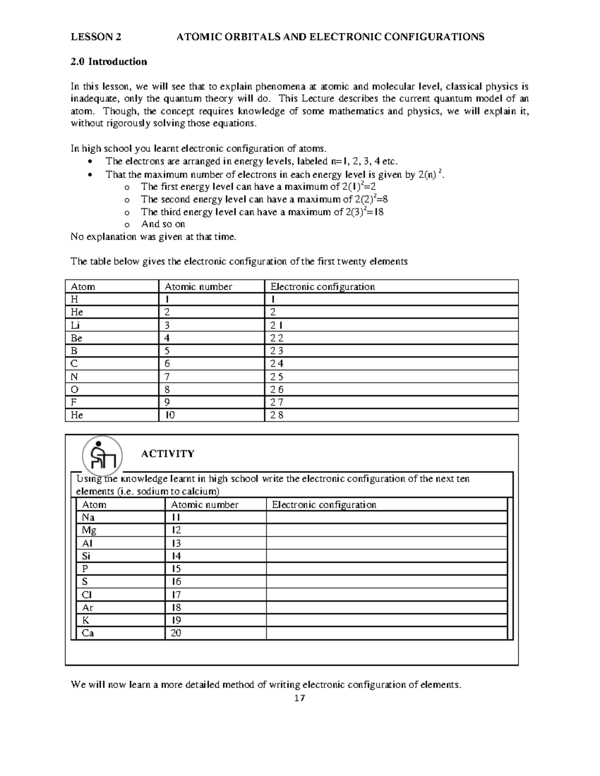 Lesson 2 notes - LESSON 2 ATOMIC ORBITALS AND ELECTRONIC CONFIGURATIONS ...
