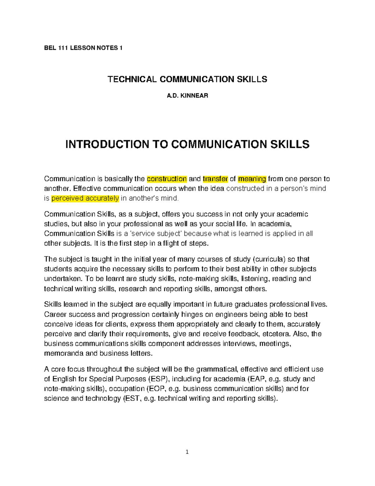 01 Introduction TO Communication Skills - BEL 111 LESSON NOTES 1 ...
