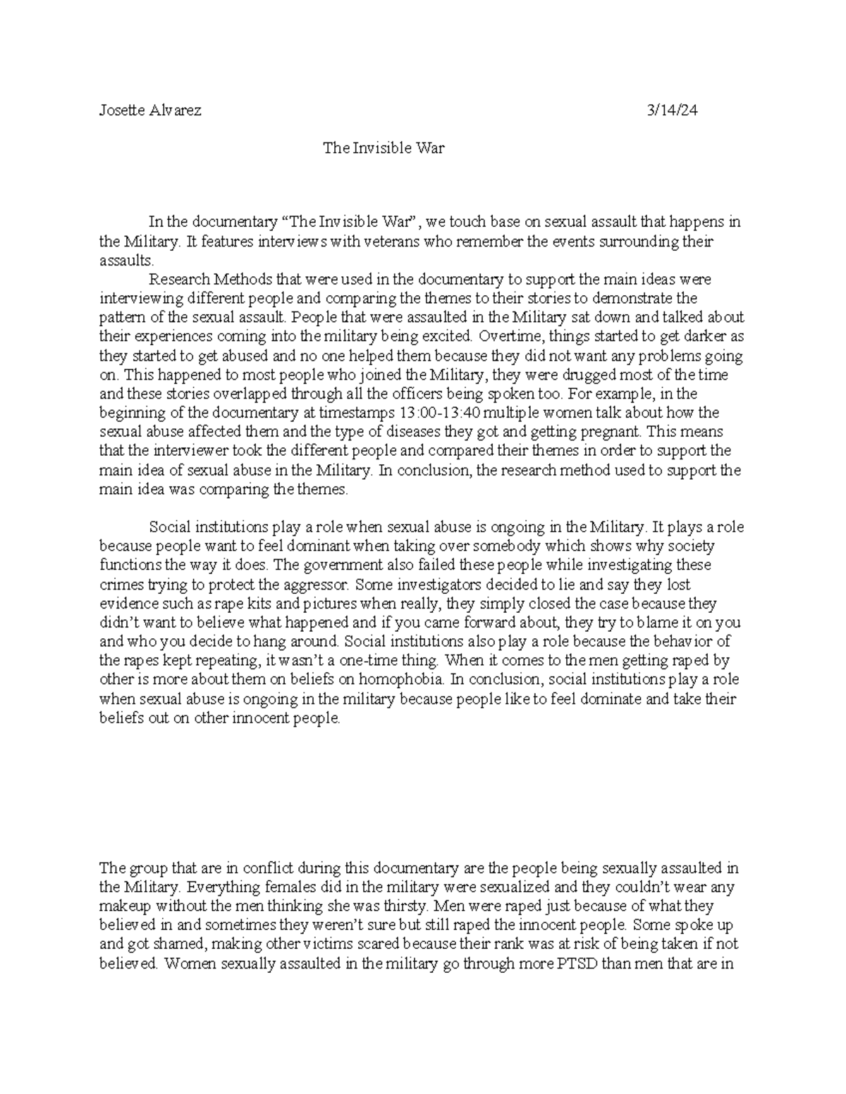 The Invisable War - Josette Alvarez 3/14/ The Invisible War In the ...