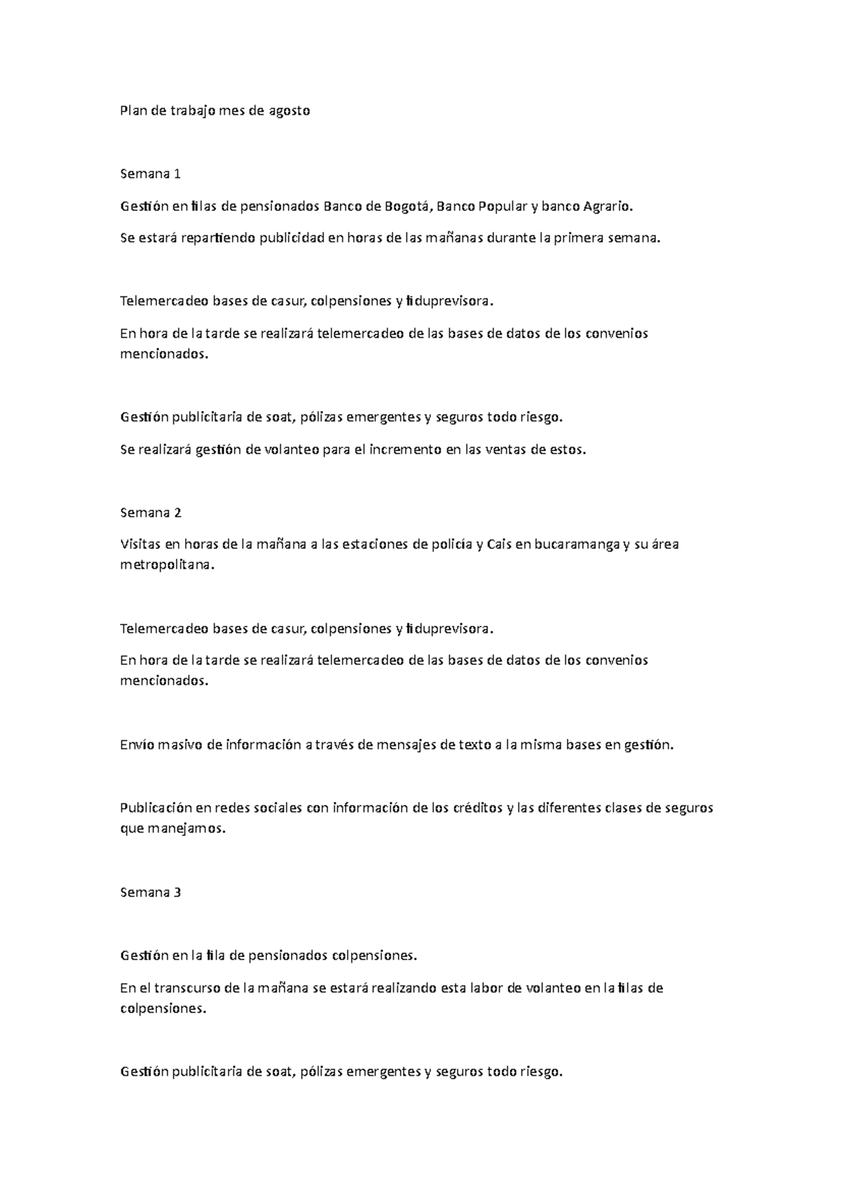 Documento - Lecture notes 1,2,3 - Plan de trabajo mes de agosto Semana ...