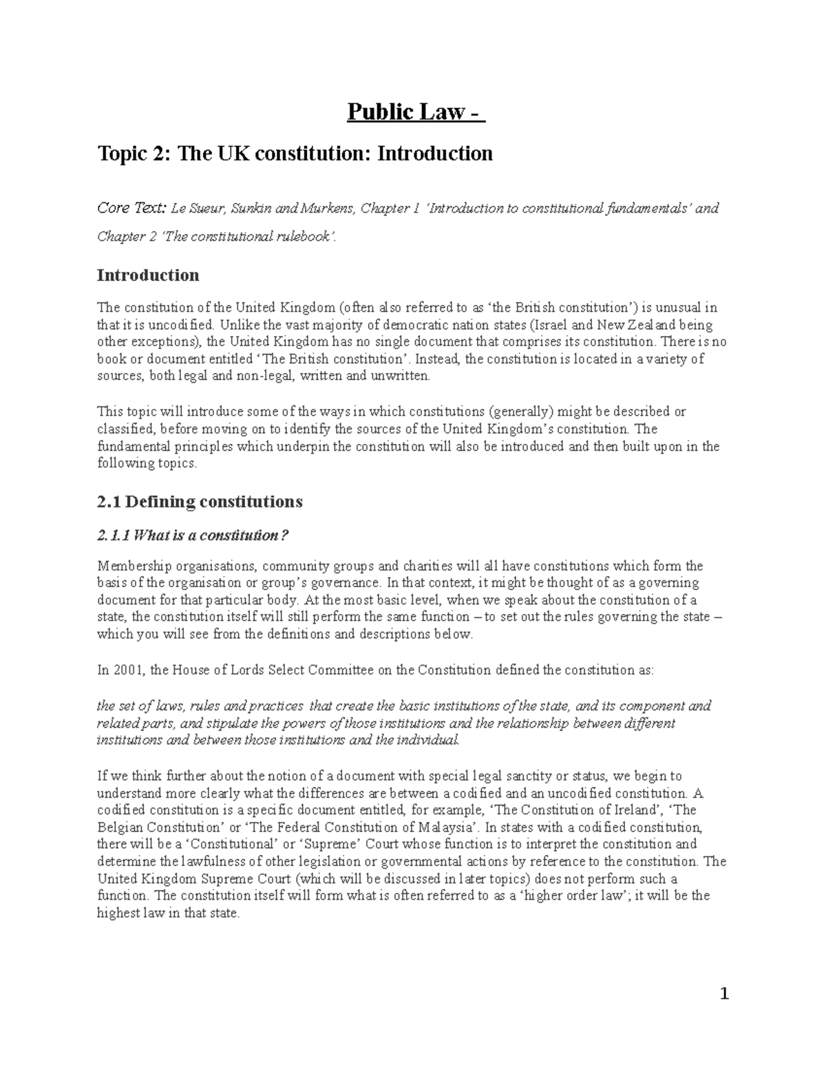 Public Law - exam notes - Public Law - Topic 2: The UK constitution ...