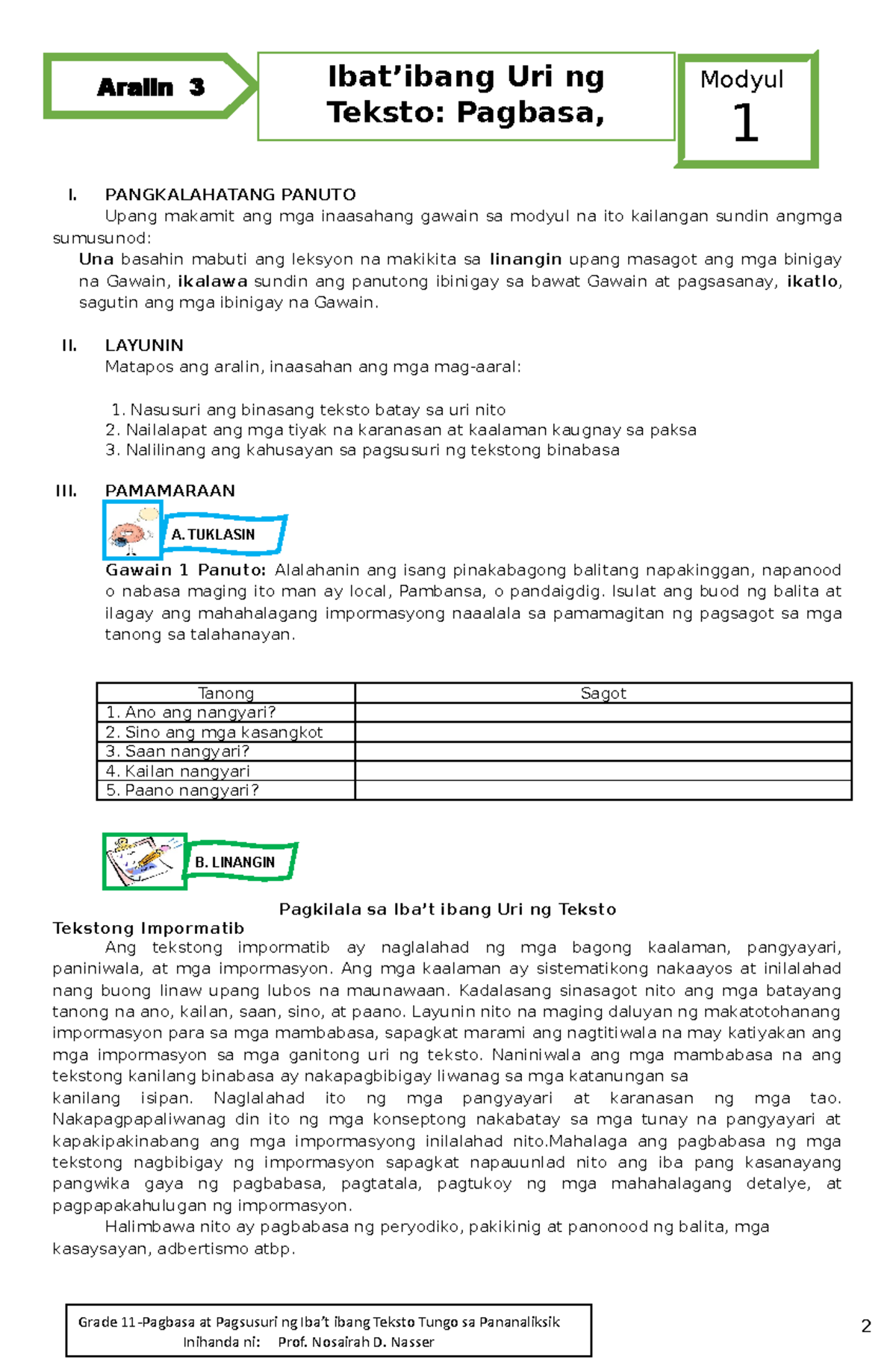 Modyul 1- Aralin 3 - NOSAI - Grade 11-Pagbasa at Pagsusuri ng Iba’t ...