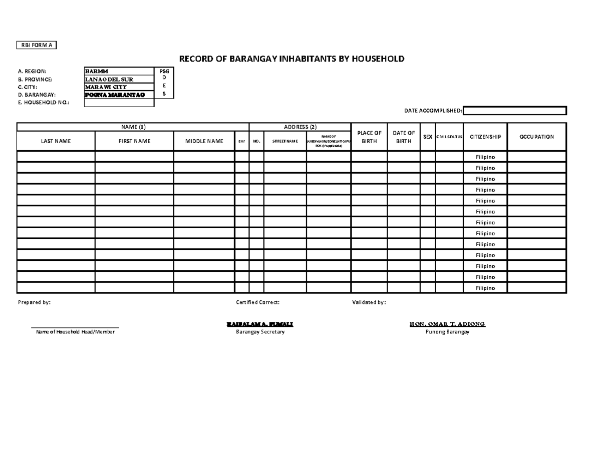 RBI FORM A - form - A. REGION: PSG B. PROVINCE: C. CITY: D. BARANGAY: E ...