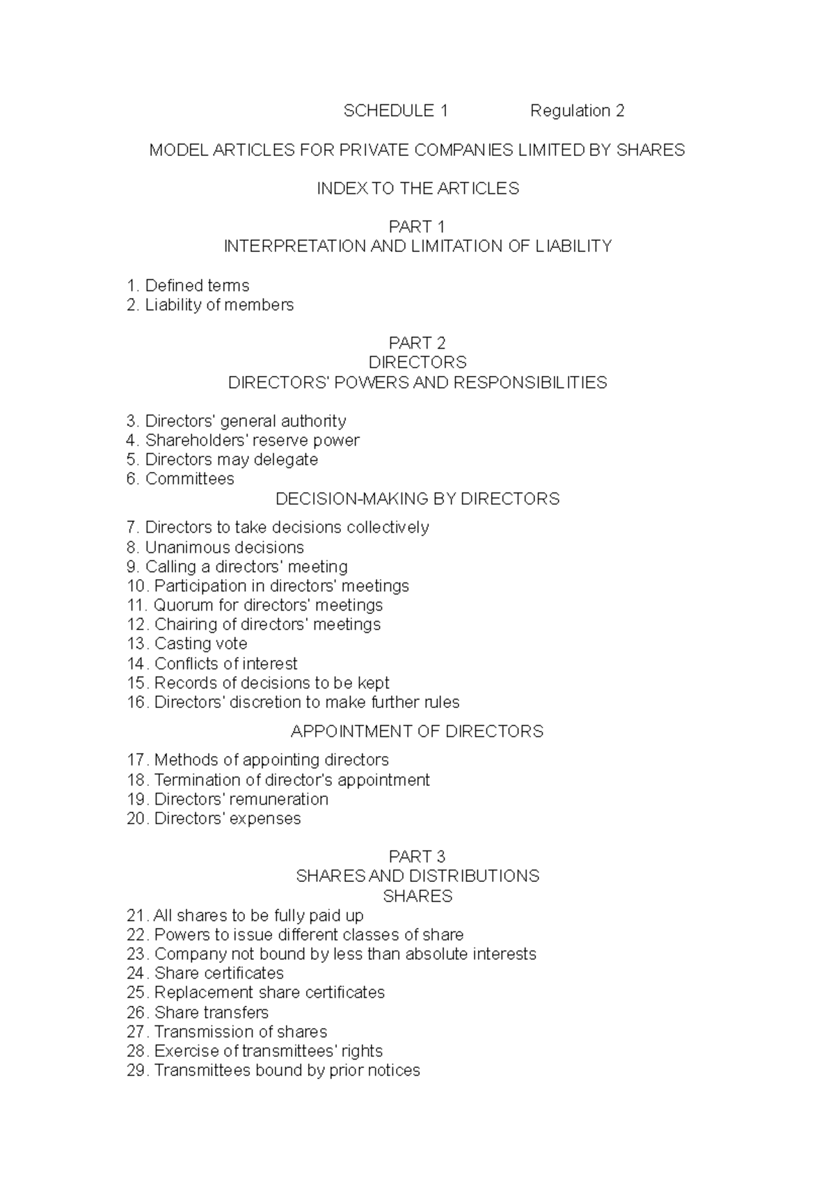 Unamended Model Articles - SCHEDULE 1 Regulation 2 MODEL ARTICLES FOR ...