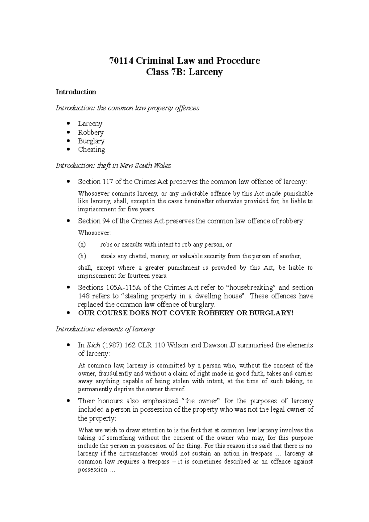 Class 7B - ... - 70114 Criminal Law and Procedure Class 7B: Larceny ...