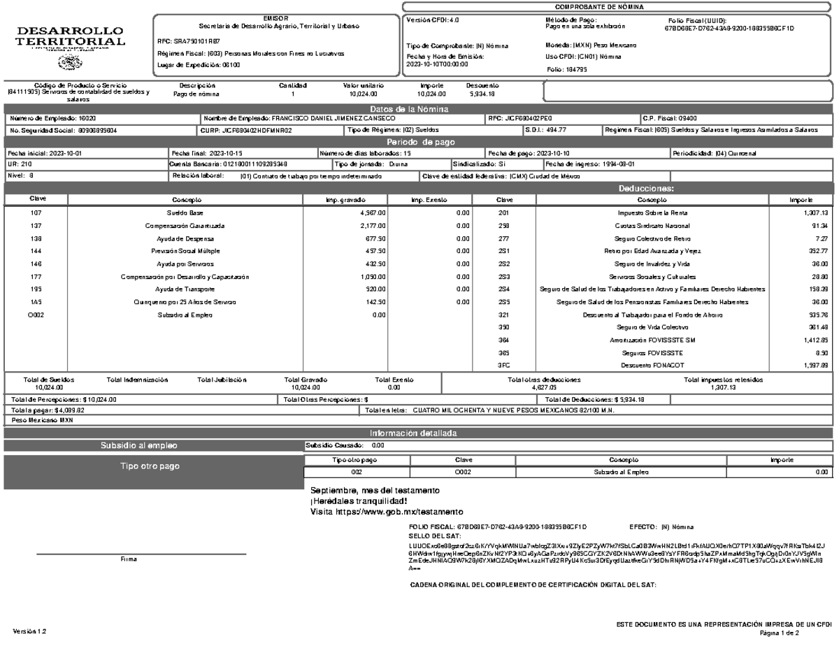 NOM 11102023 O 16020 031404 - COMPROBANTE DE NÓMINAEMISORVersión CFDI ...