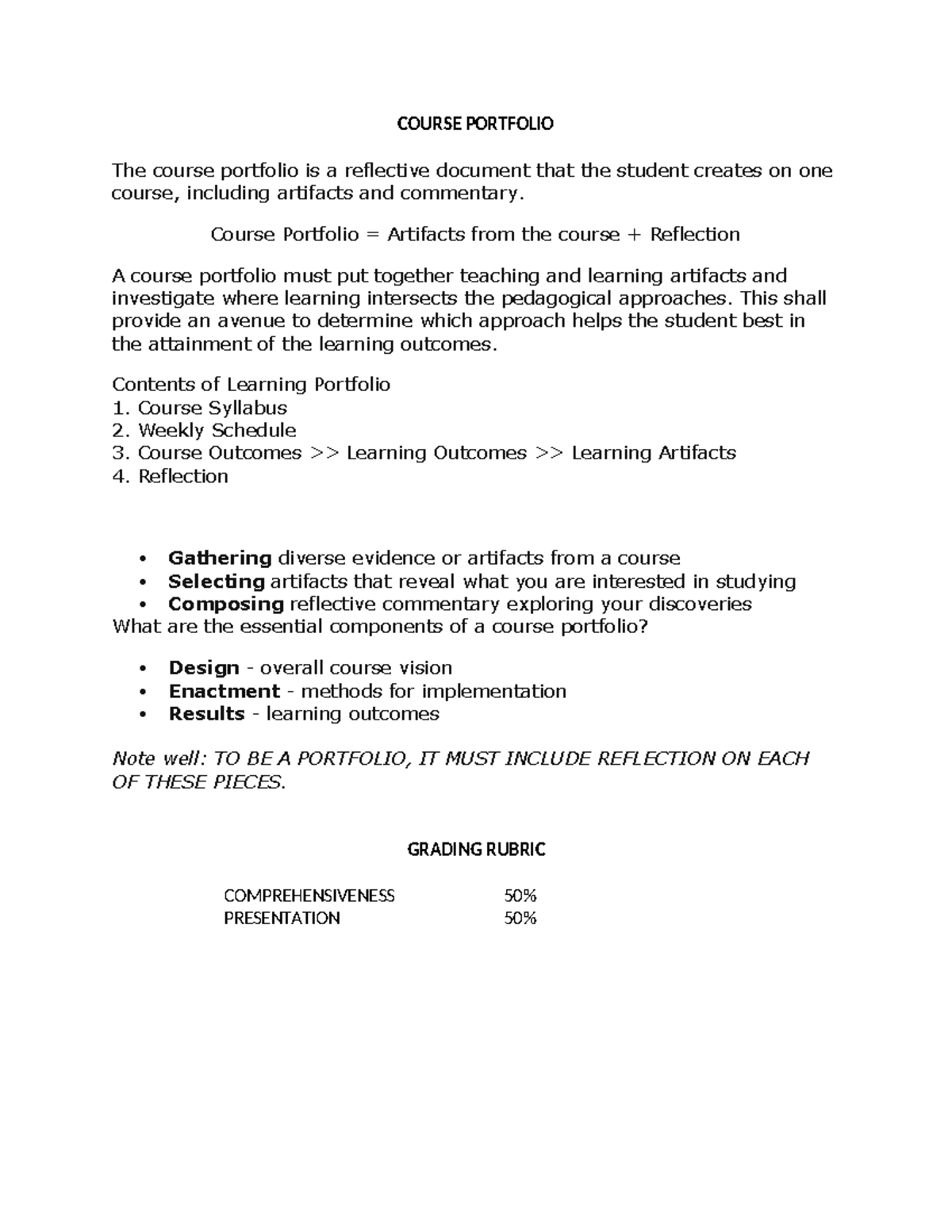 Course Portfolio - COURSE PORTFOLIO The course portfolio is a ...