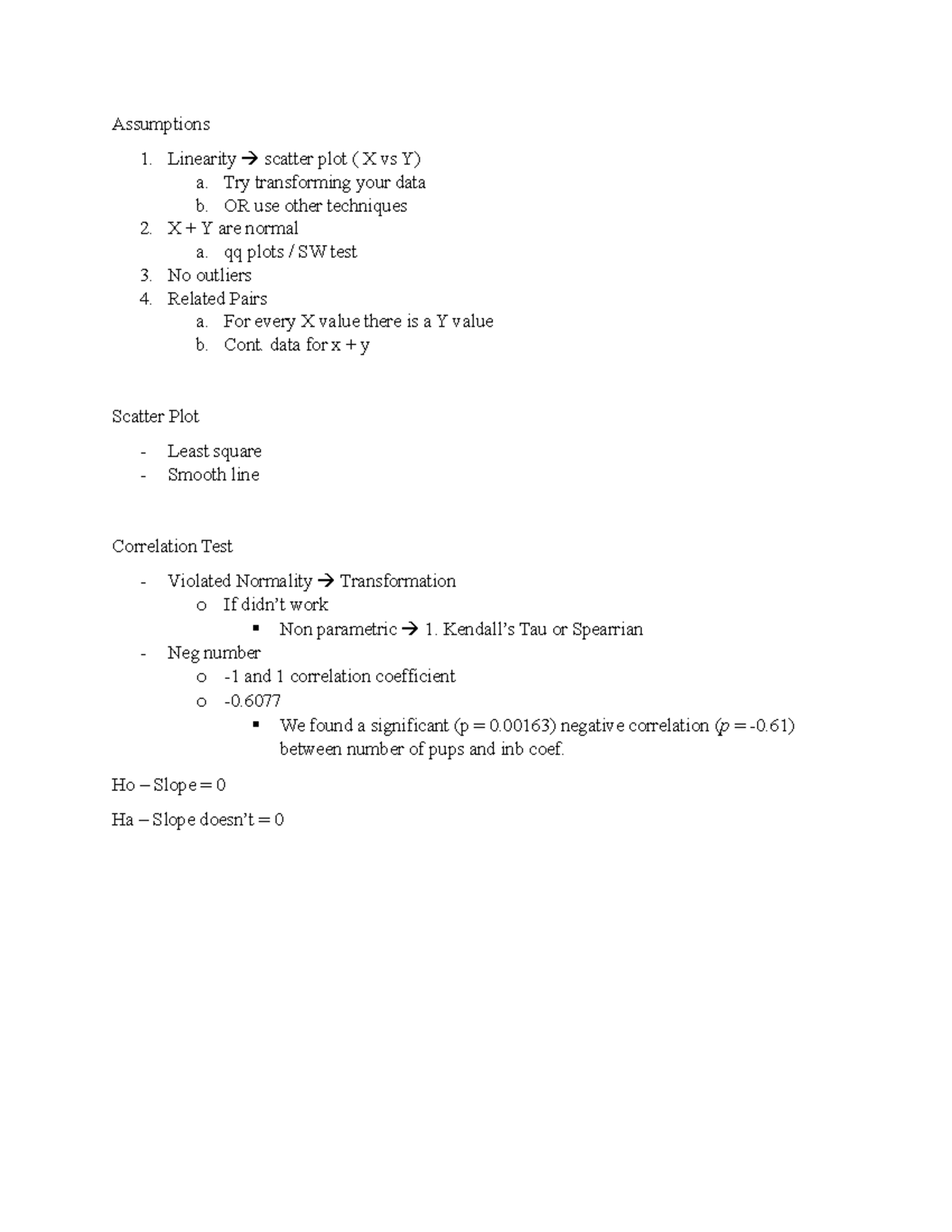 Biostatistics class notes - Assumptions Linearity scatter plot ( X vs Y ...