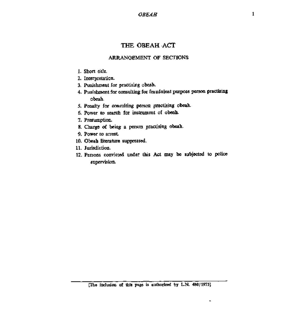 The Obeah Act - Notes - OBEAH THE OBE- ACT I ARRANGEMENT OF SECI'IONS 1 ...
