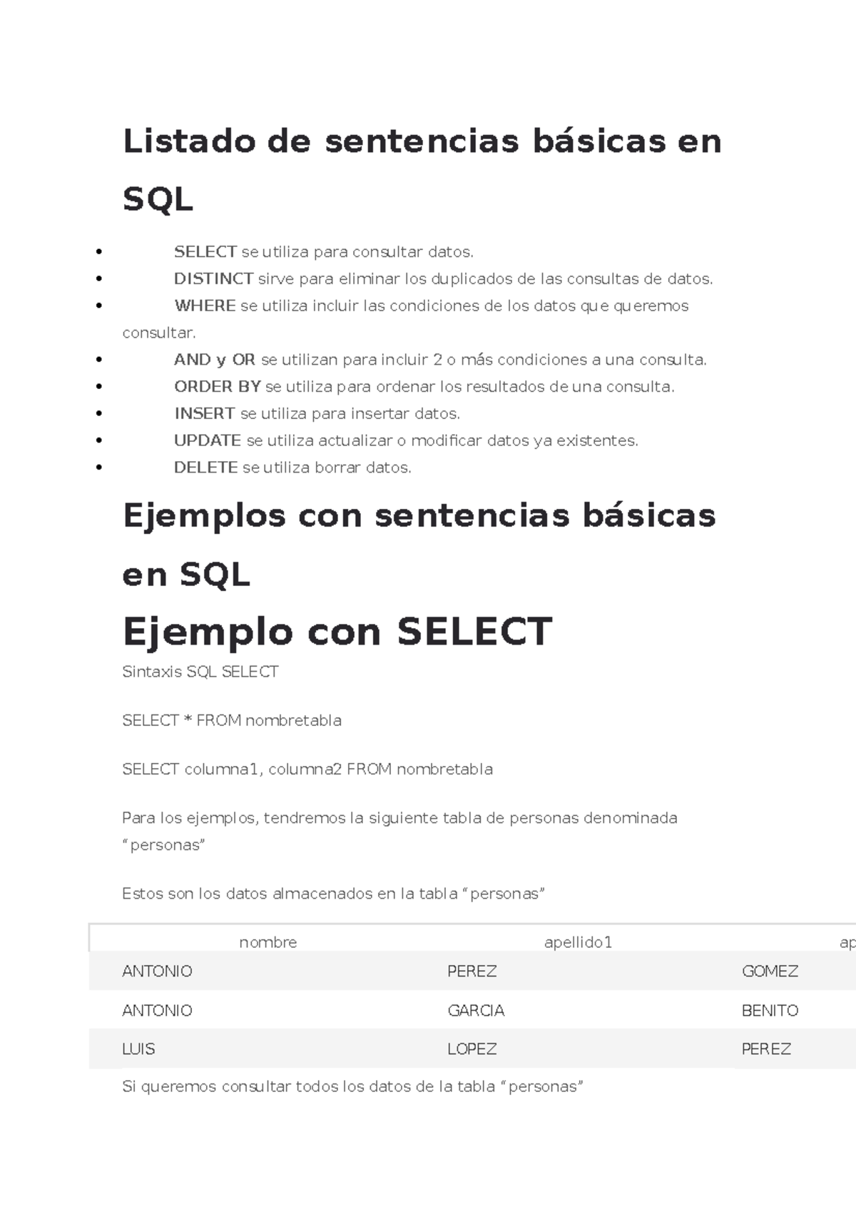 Listado de sentencias básicas en SQL - Listado de sentencias básicas en ...