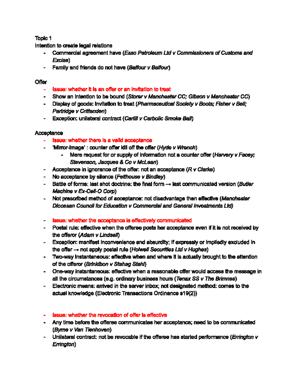 LLAW1001 Final Exam Cheat Sheet - The Law of Contract I & II - Studocu