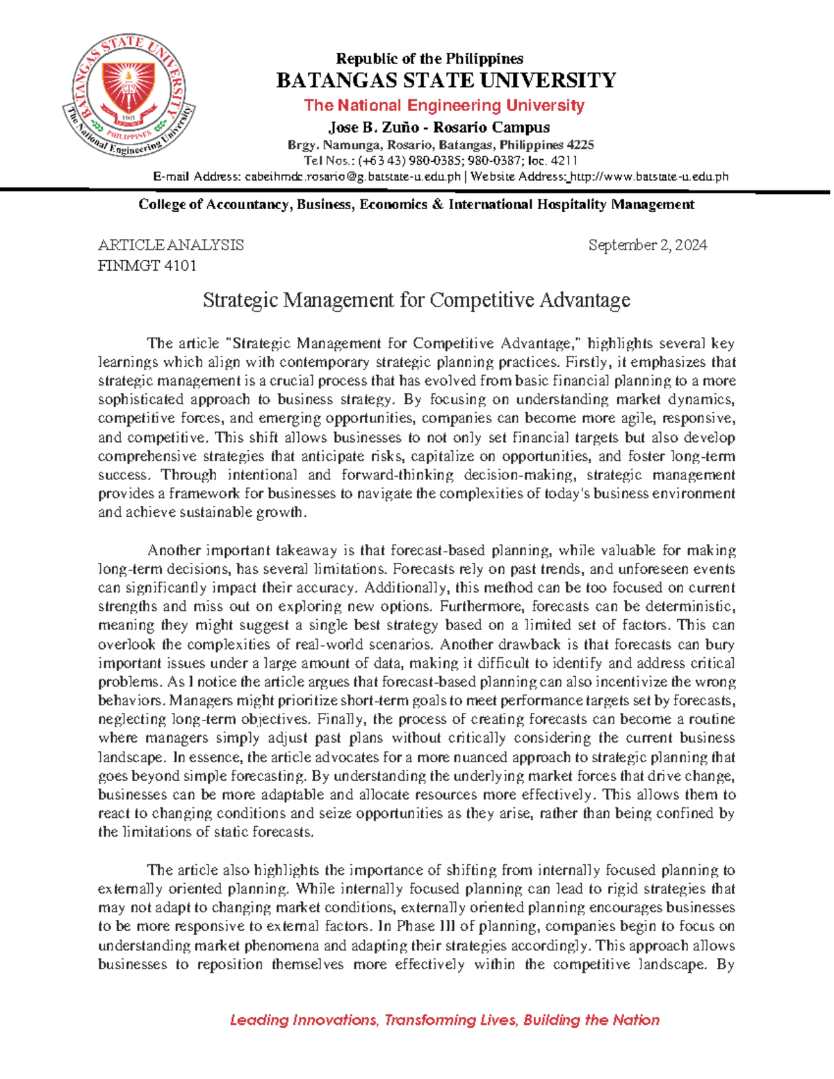 Article analysis for MGT 406 - BATANGAS STATE UNIVERSITY The National Engineering University ...