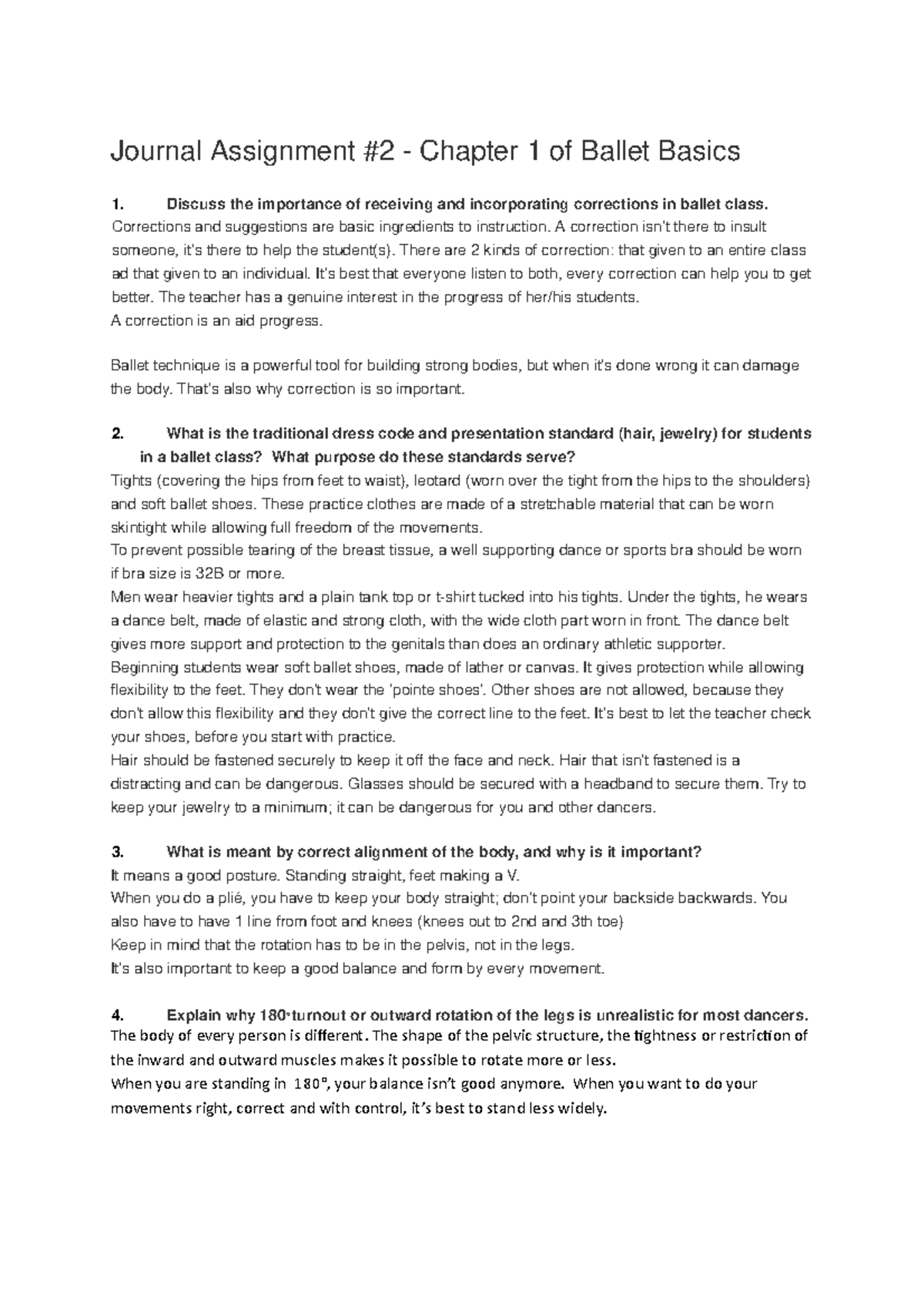 Journal Assignment 2 - Chapter 1 of Ballet Basics - Journal Assignment ...