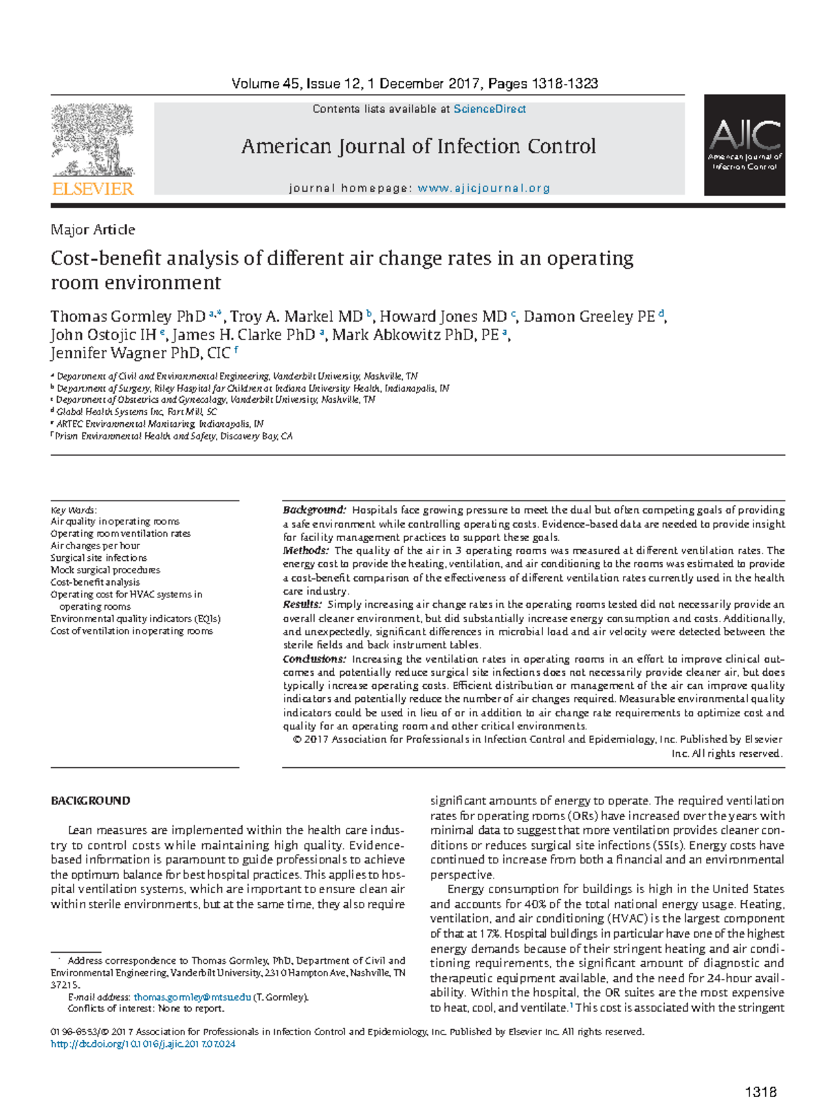 Cost-benefit analysis of different air change rates in an operating ...