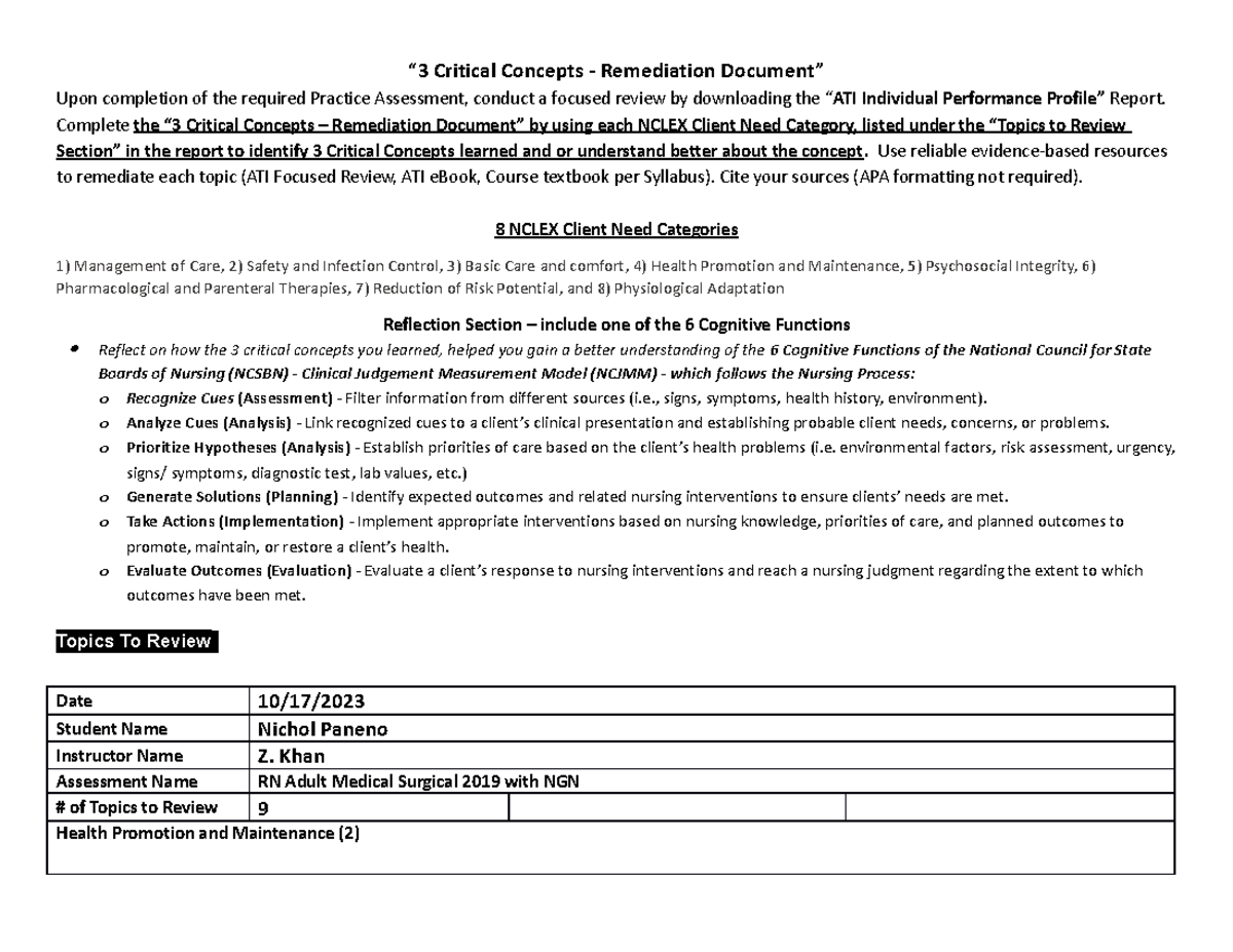Med-Surg Remediation - procotor - “3 Critical Concepts - Remediation ...