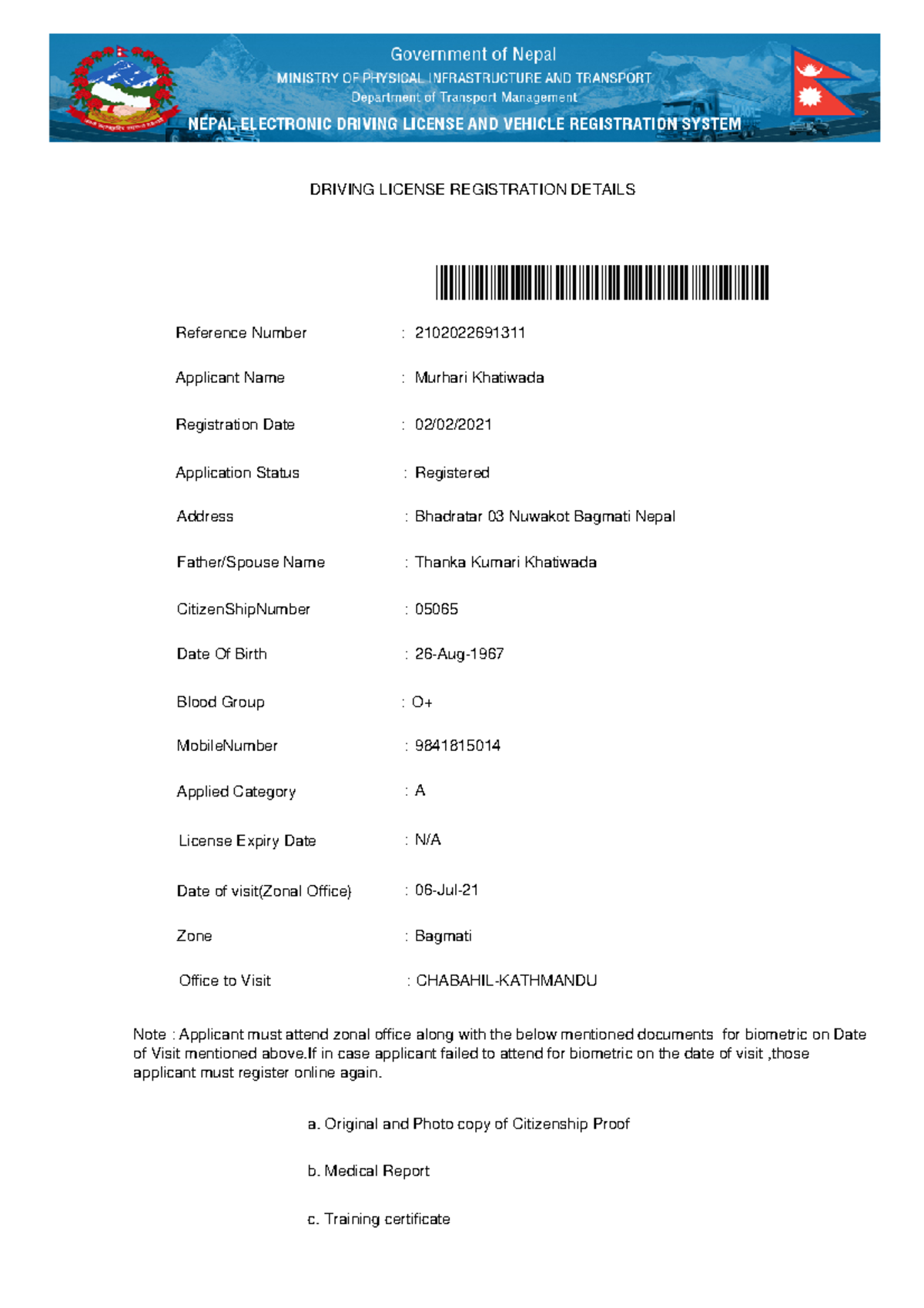 Application Details - all notes - DRIVING LICENSE REGISTRATION DETAILS ...