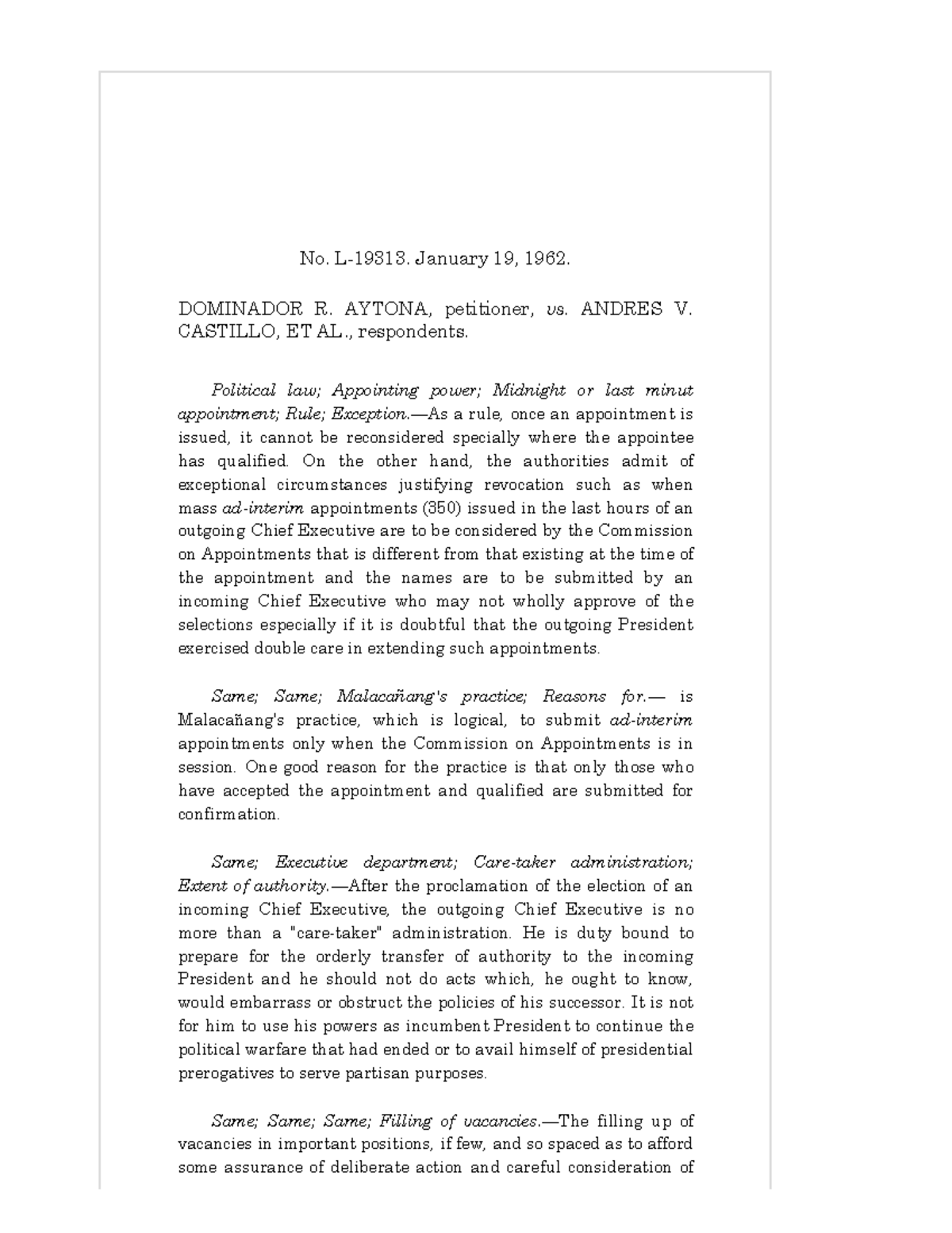 Aytona-vs - It's helpful - No. L-19313. January 19, 1962. DOMINADOR R ...