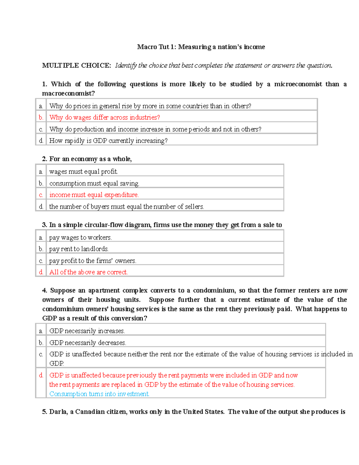 Macroeconomics Tutorial 1 - No answer keys (Hanoi University) - Macro Tut 1: Measuring a nation ...