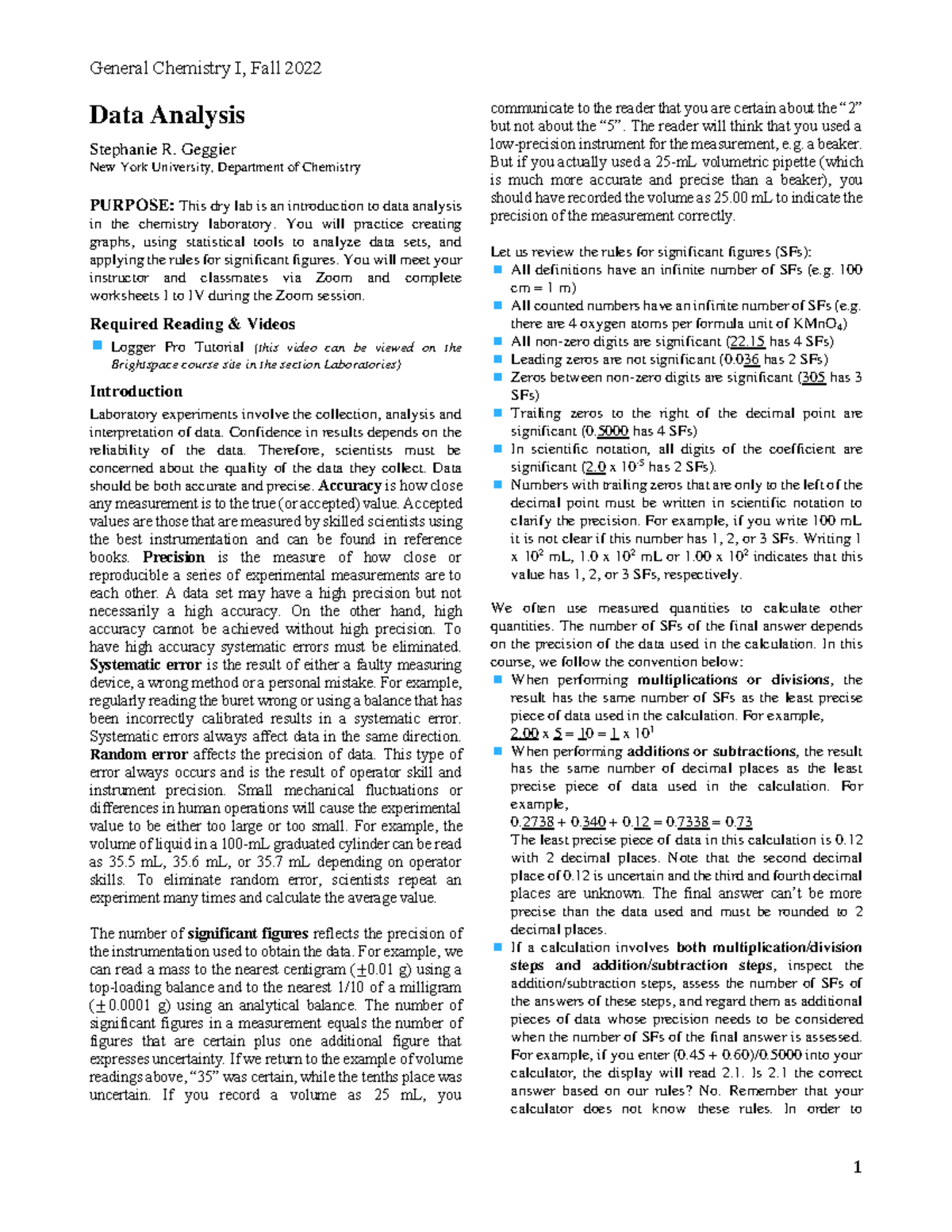 Data Analysis F22 - lab 2 - Data Analysis Stephanie R. Geggier New York University, Department ...