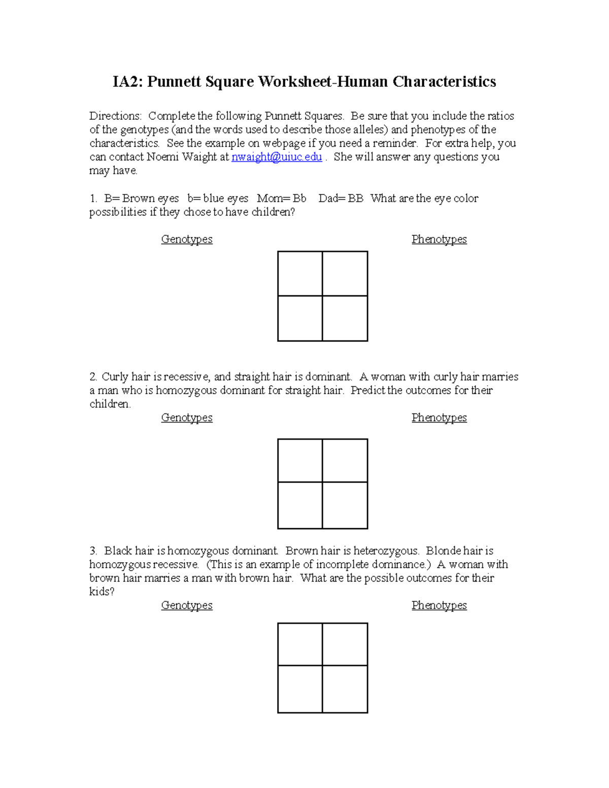 Punnett genetics problems 1 - IA2: Punnett Square Worksheet-Human ...