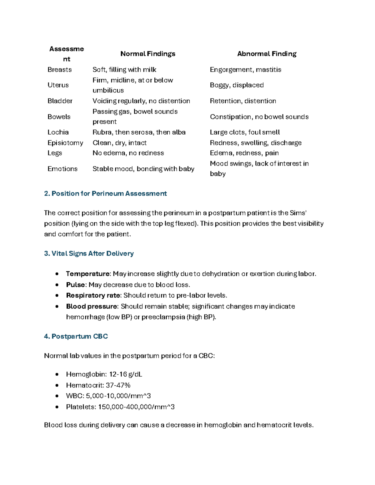 Postpartum Nursing Assignment - Assessme nt Normal Findings Abnormal ...