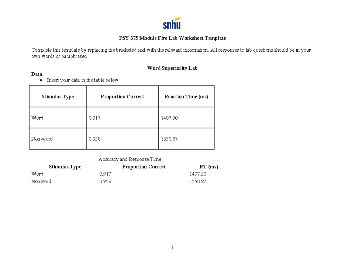 PSY 375 Module Five Lab Worksheet Template - PSY 375 Module Five Lab ...